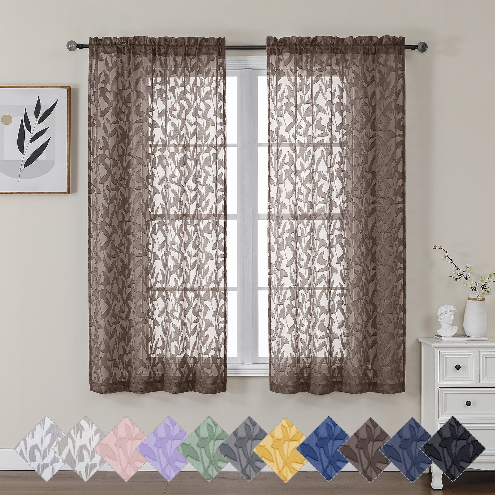 OVZME Leila Sheer Curtains 63 Inch Length 2 Panels, Leaf Jacquard Textured Rod Pocket Solid ...