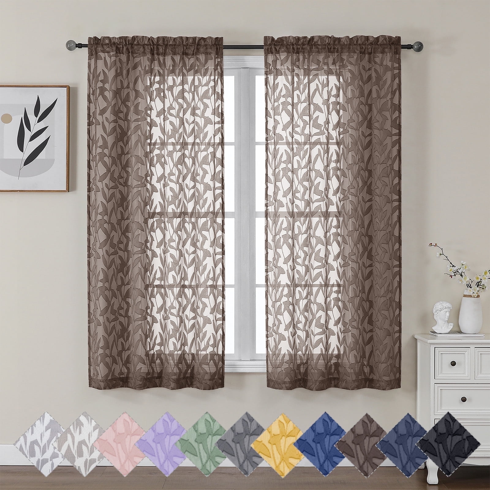 OVZME Leila Sheer Curtains 63 Inch Long 2 Panels Leaf Jacquard Textured Window Treatments ...