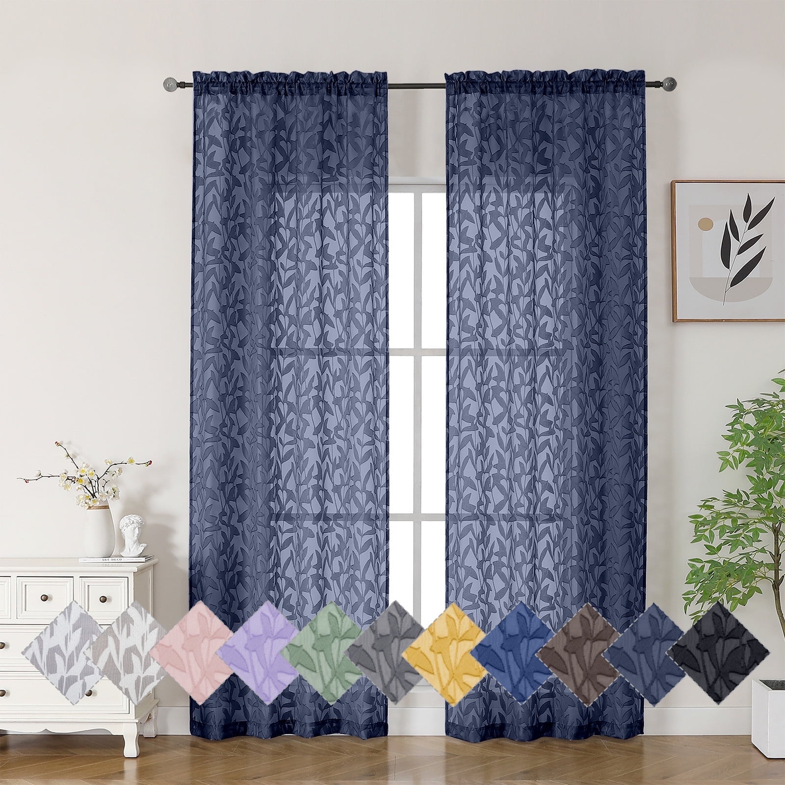OVZME Leila Navy Blue Sheer Curtains 84 Inches Long 2 Panels, Light Filter Soft Airy Textured ...