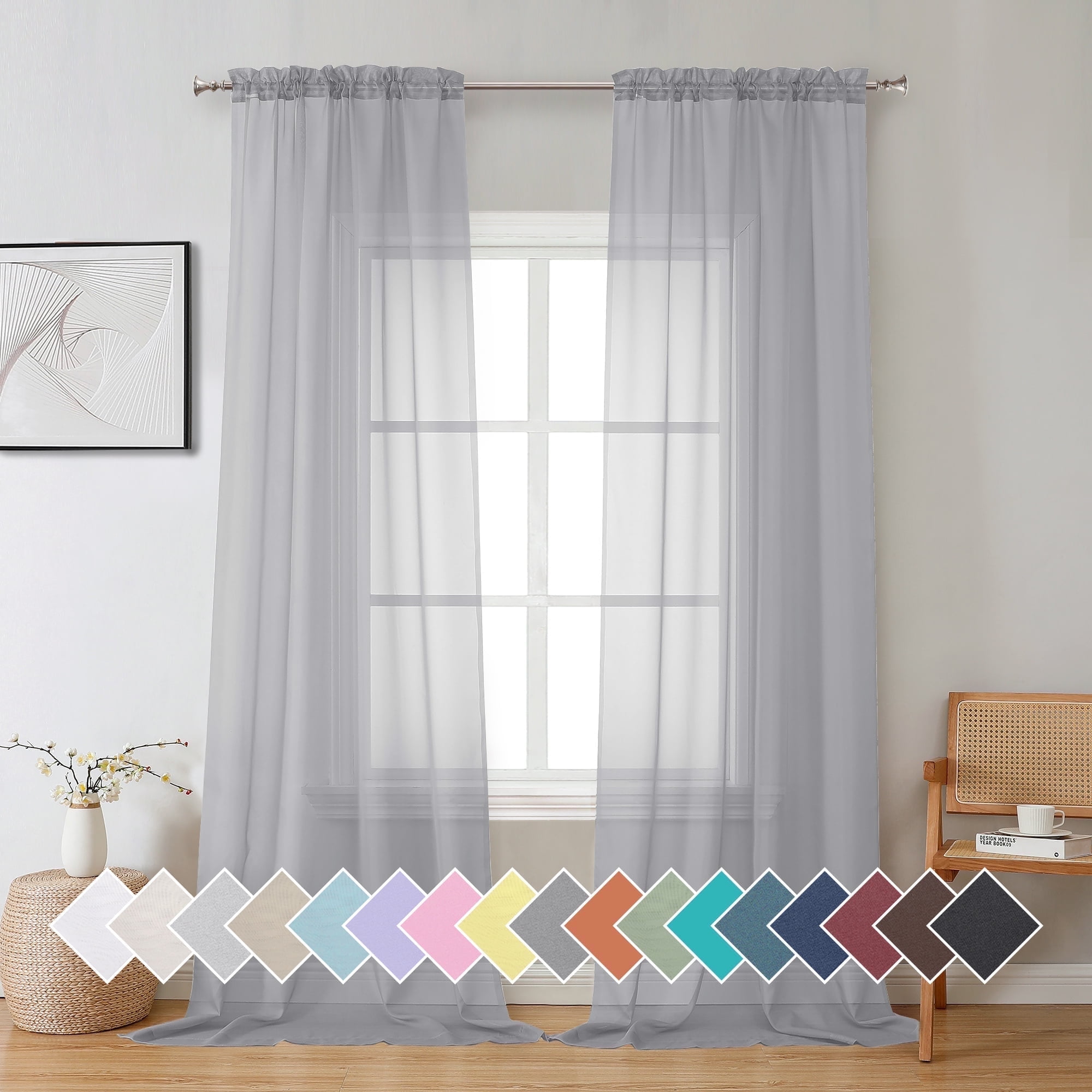 OVZME Light Grey Sheer Curtains 96 inches Long Window Draperies 2 ...