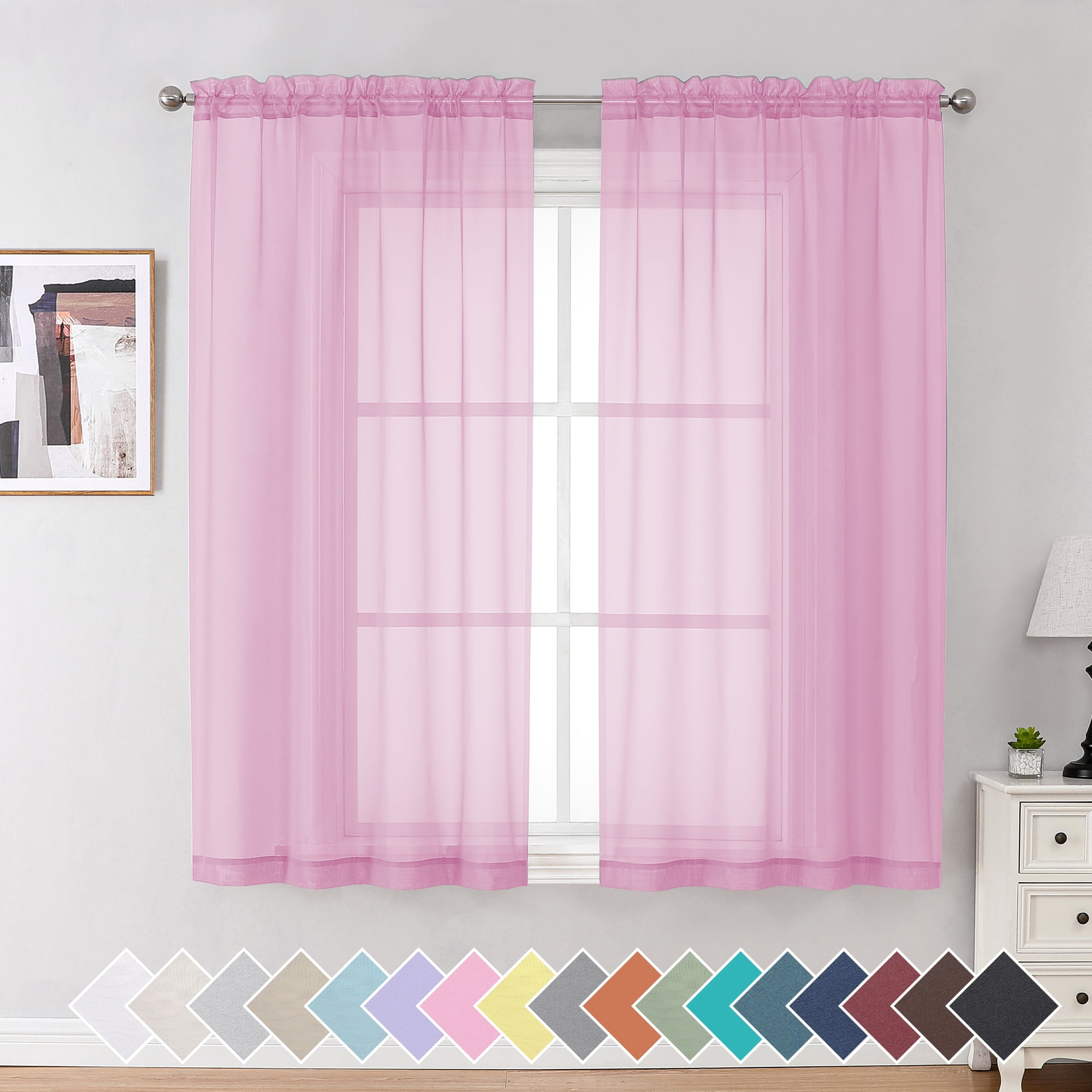 OVZME Light Pink Sheer Curtains 54 Inch Length 2 Panels, Semi ...