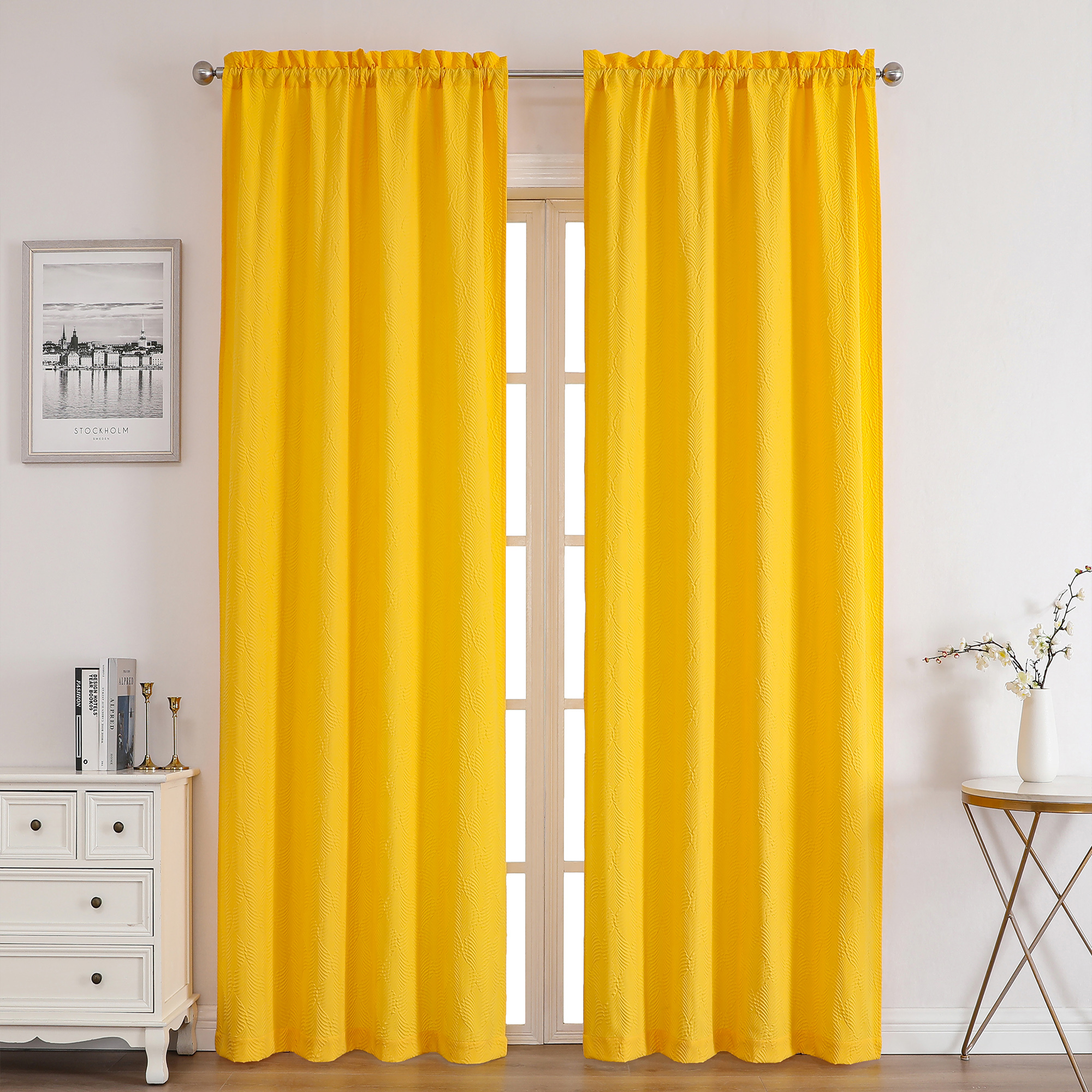 OVZME Modern Bright Yellow Leaf Rod Pocket Room Darkening Curtains, 42 ...