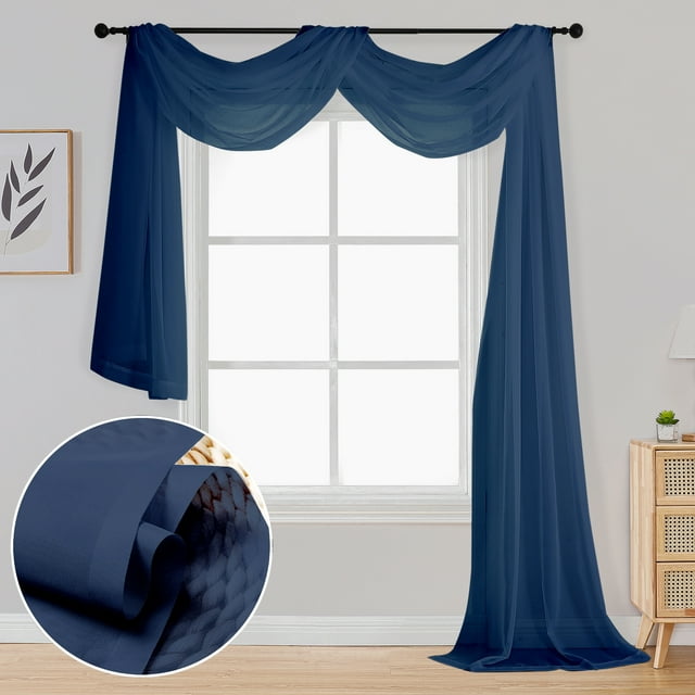 OVZME Navy Blue Sheer Window Scarf Vanlance Extra Long 216inches, Soft ...