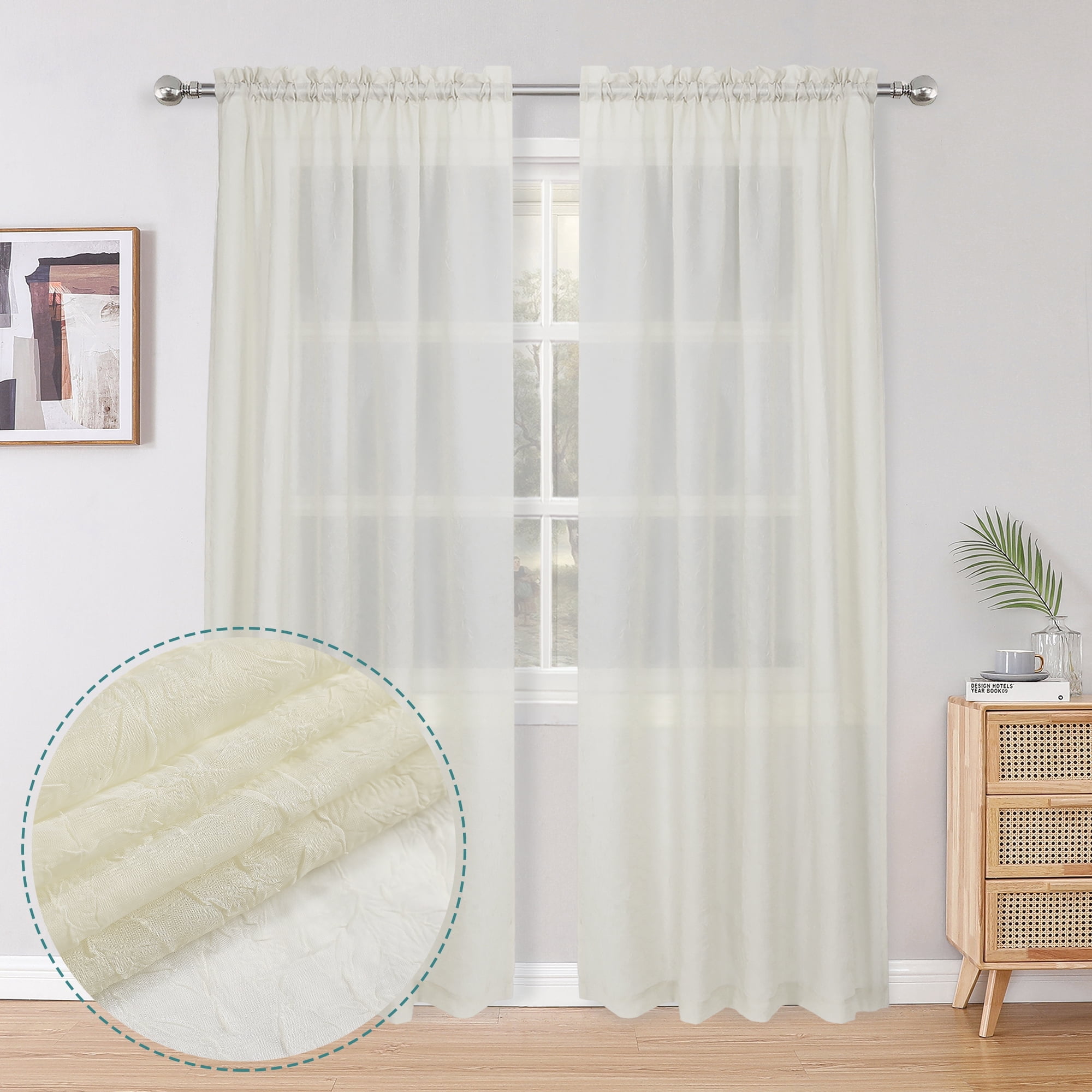 OVZME Olivia Cream Crushed Sheer Curtains 84 Inches Long 4 Panels Set ...