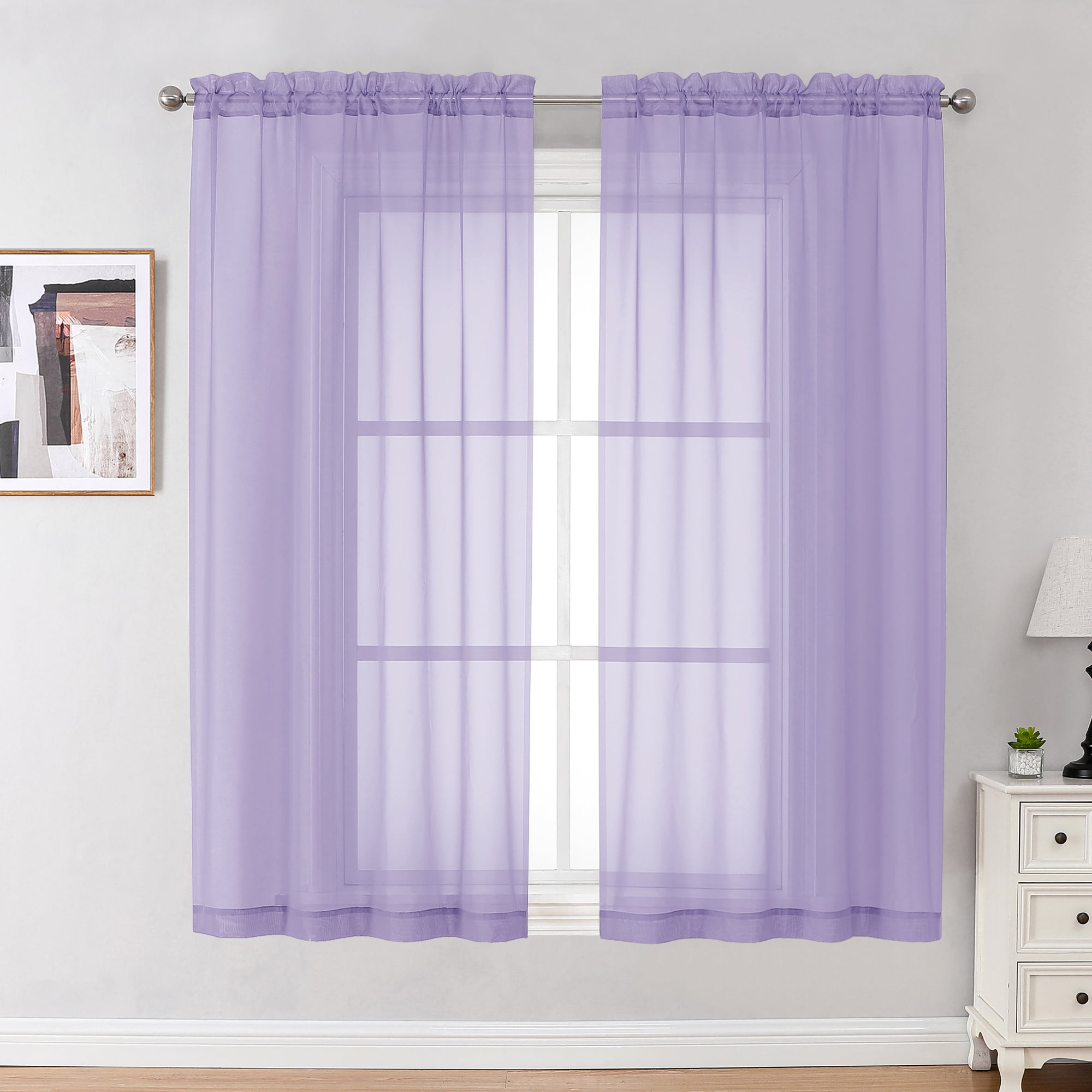 OVZME Purple Sheer Curtains 63 inch Length 2 Panels, Short Semi ...