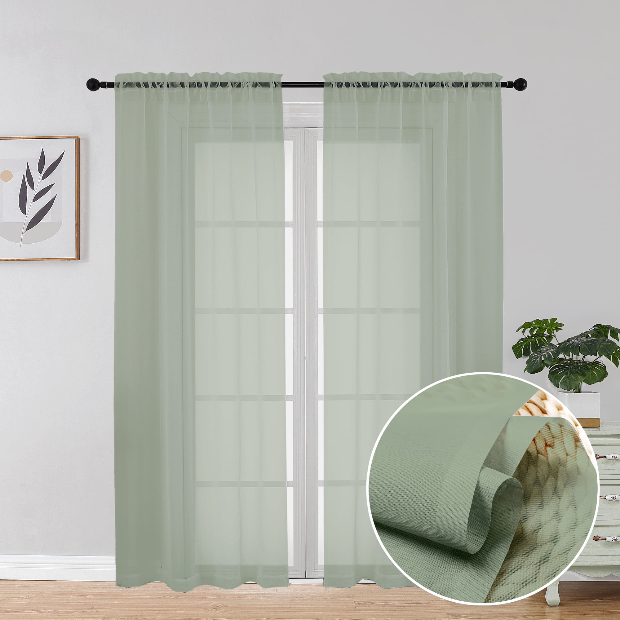 OVZME Sage Green Sheer Curtains 72 inch Length 2 Panels Set, Semi Transparent Voile Rod Pocket ...