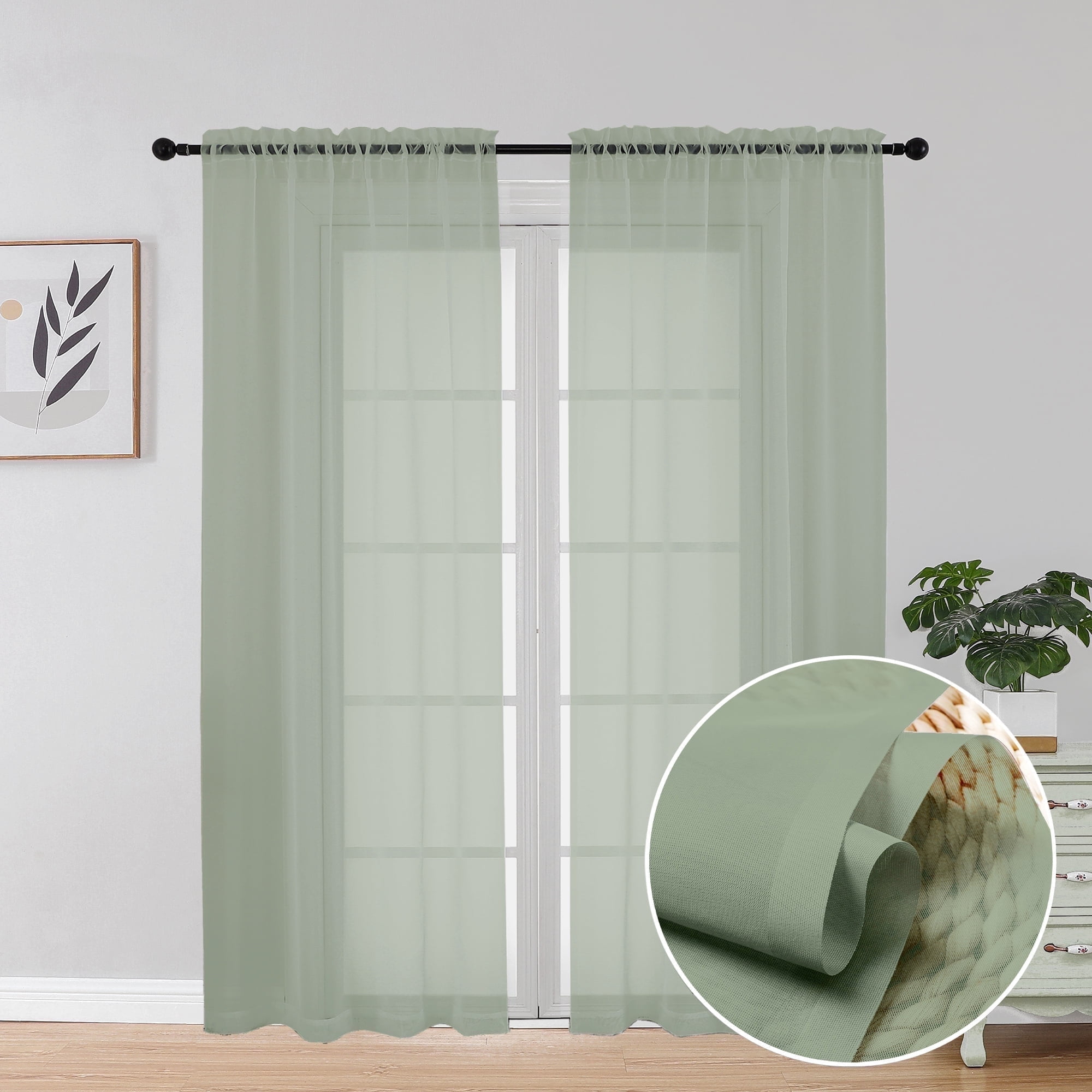 OVZME Sage Green Sheer Curtains 72 inch Length 2 Panels Set Light Filtering Voile Window Drapes ...