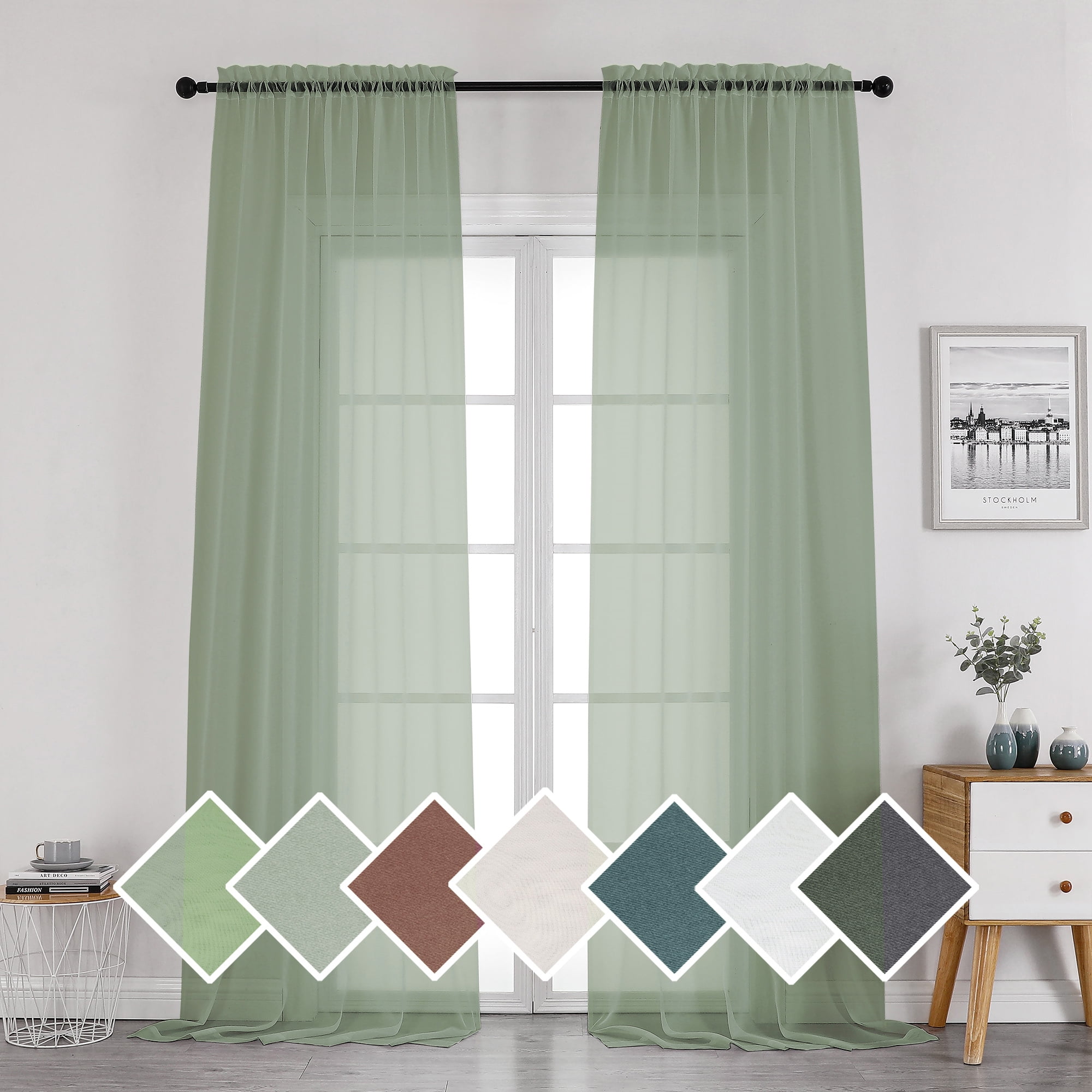 OVZME Sage Green Sheer Curtains Extra Long 108 inches 2Pcs, Solid Voile ...