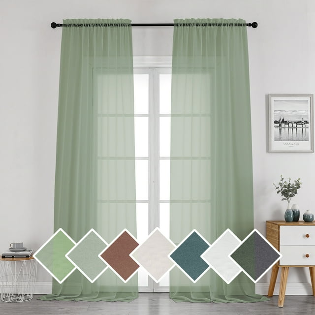 OVZME Sage Green Sheer Curtains Extra Long 108 inches 2Pcs, Solid Voile Window Panels for Patio ...