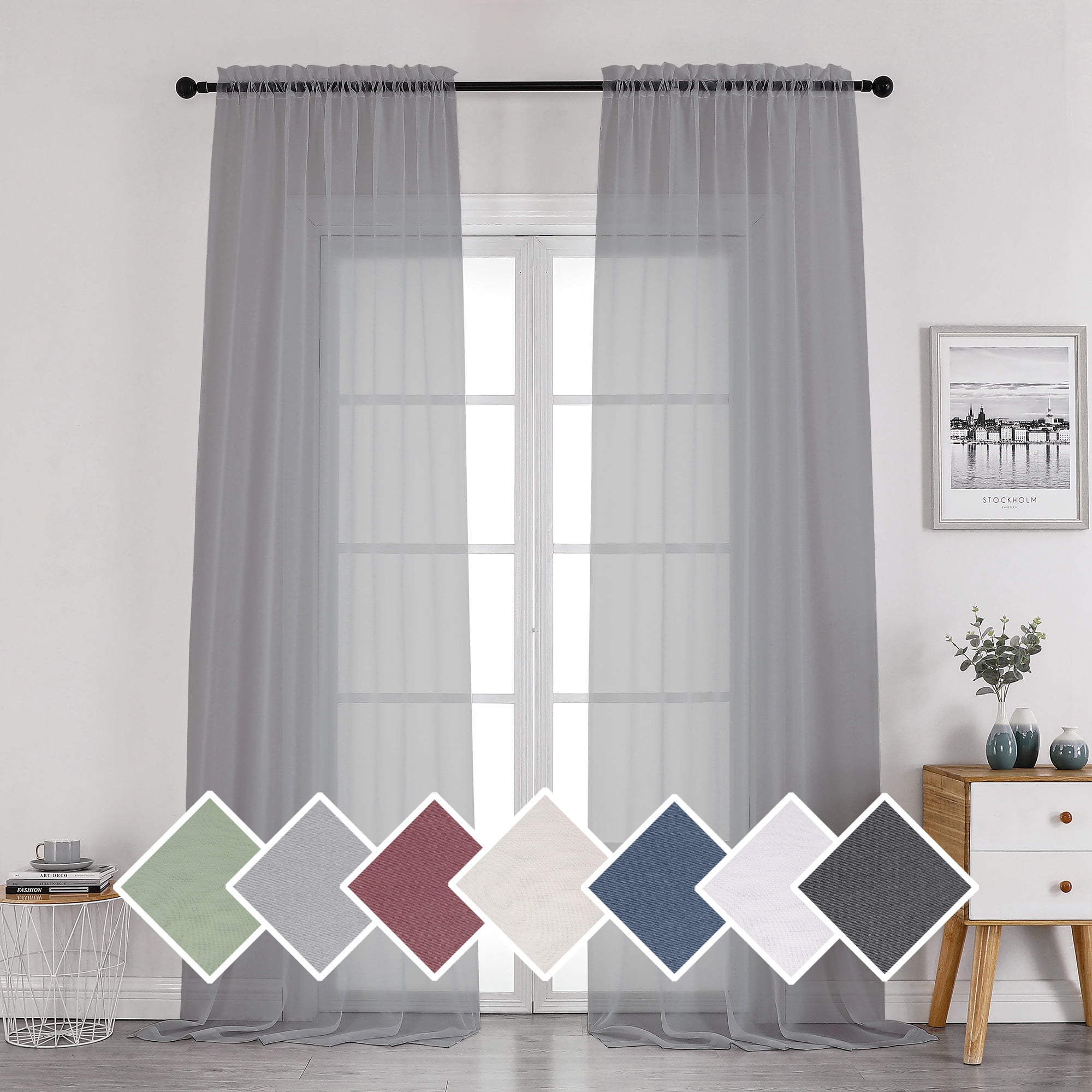 OVZME Sheer Curtains 108" Extra Long 2 Pack- Rod Pocekt Top Soft Voile ...
