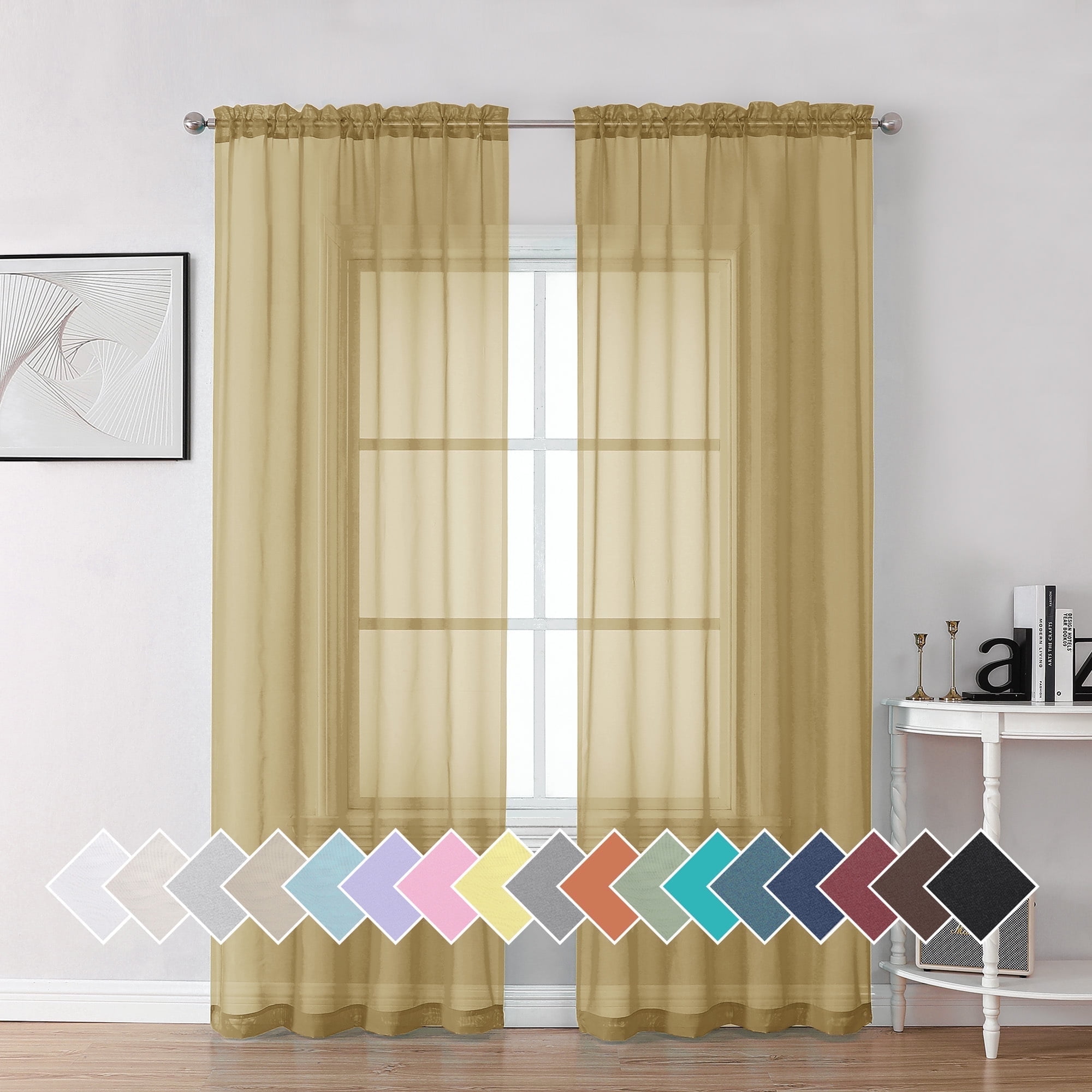 OVZME Sheer Curtains 84 Inches Long 2 Panels Set, Gold Sheer Curtain ...