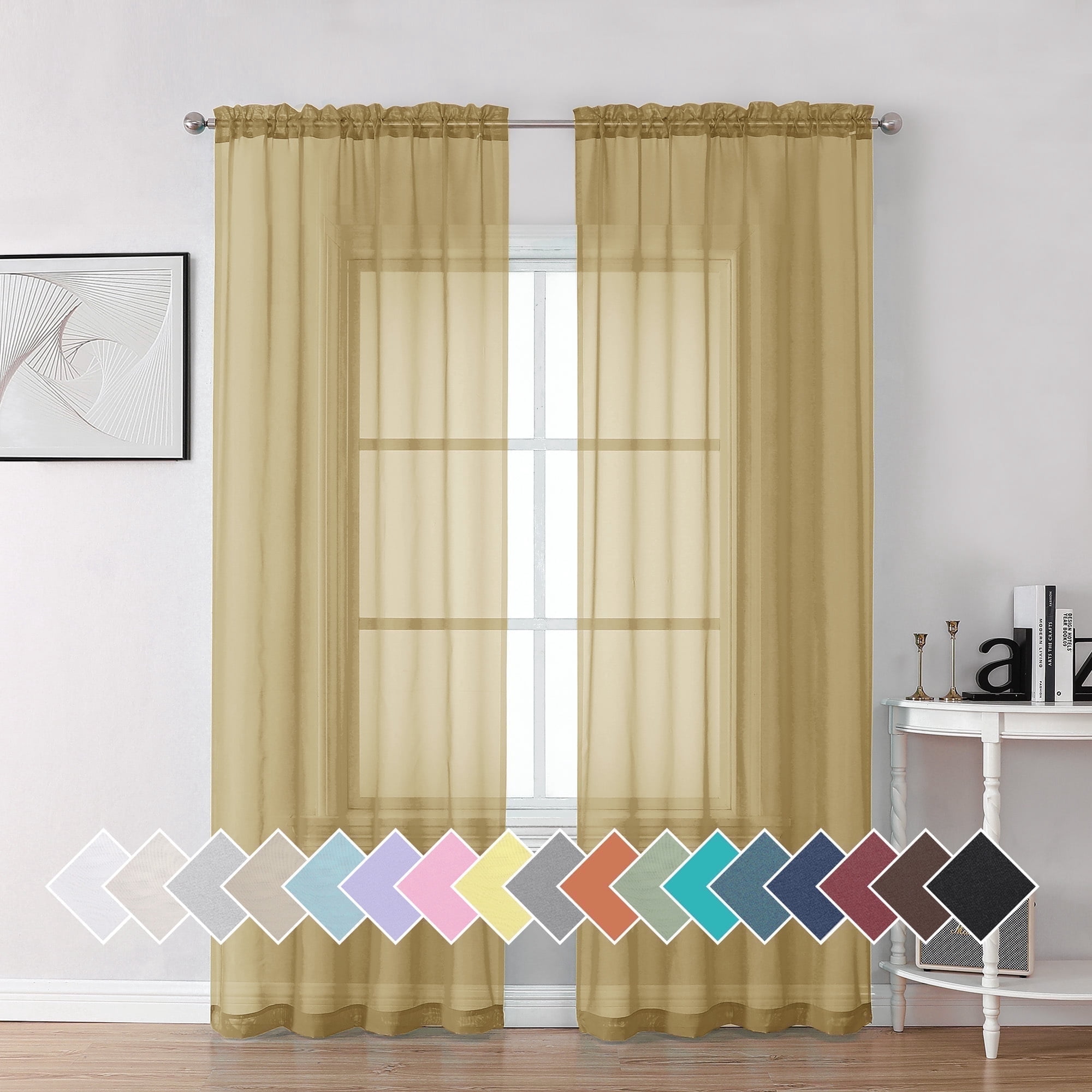 OVZME 2 Pieces Gold Voile Sheer Curtains 42x84 Inches, Dual Rod Pocket ...