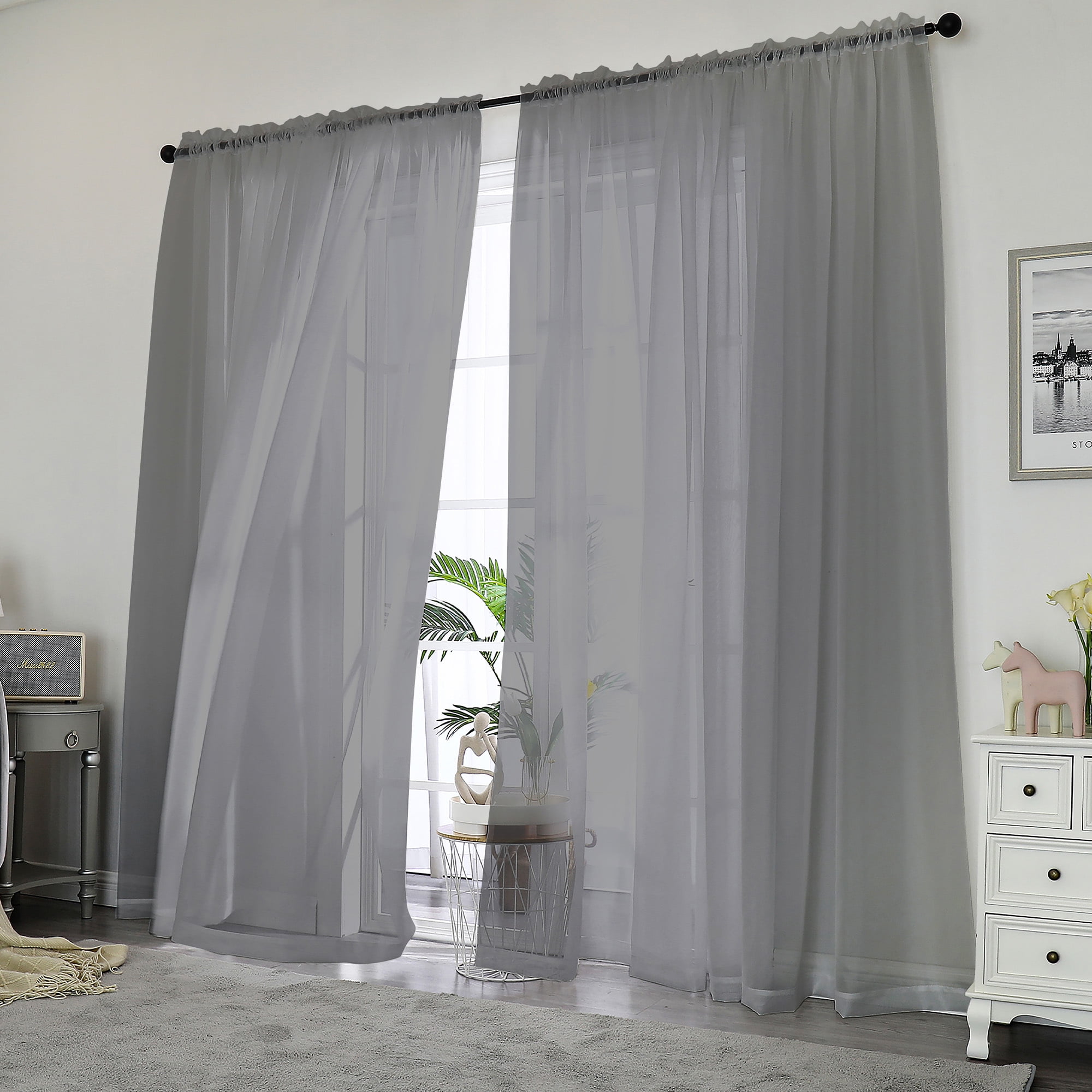 OVZME Charcoal Grey Sheer Curtains - 84-Inch Long, 4-Panel Set, Double ...