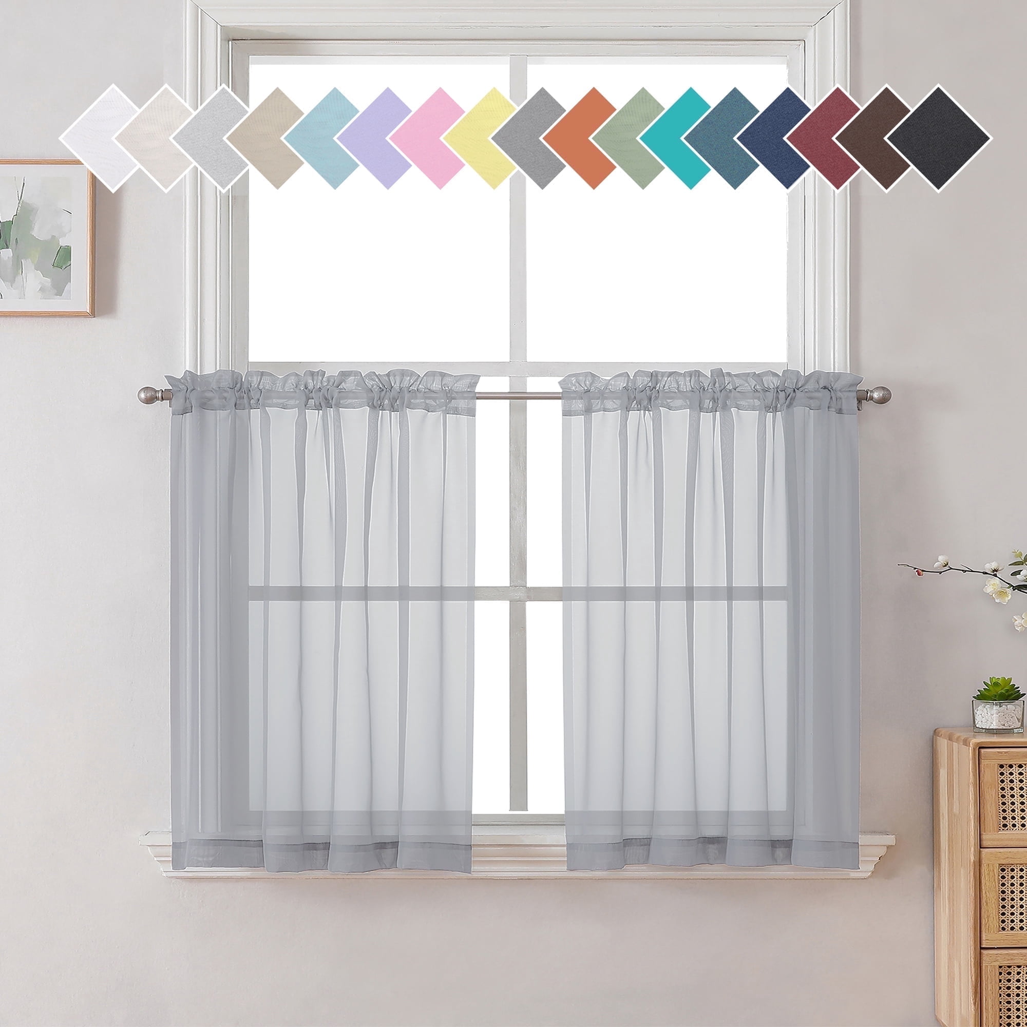 OVZME, Sheer Kitchen Curtain Tiers Set of 2, 42"W x 24"L, Light Grey ...