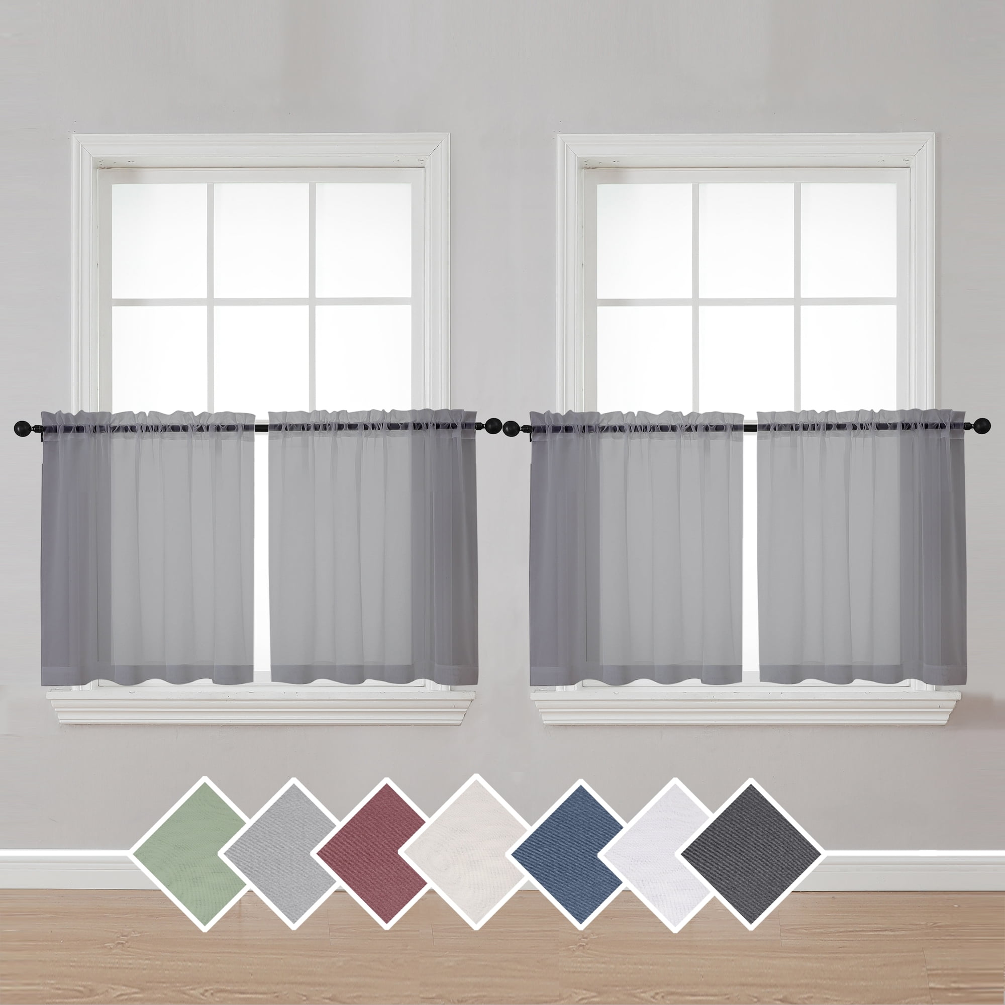 OVZME French Country Charcoal Grey Solid Print Rod Pocket Sheer Kitchen Curtains, 40" x 24" (4 ...