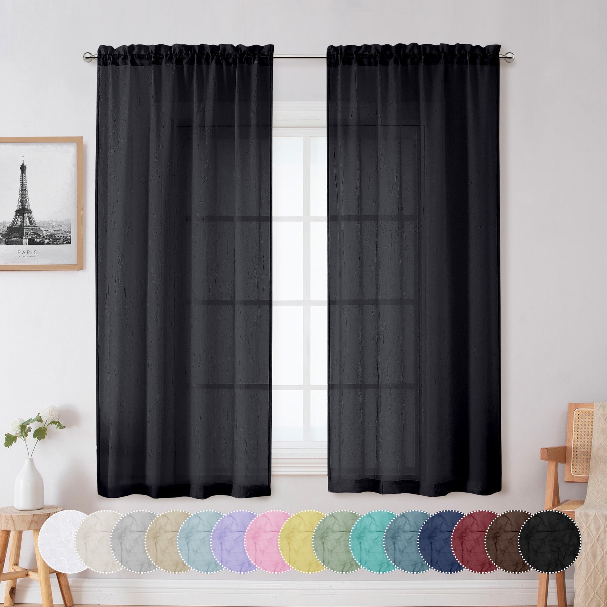 OVZME Black Crushed Sheer Curtains 63 inch Long 2 Panels, Solid Light Filtering Rod Pocket Top ...