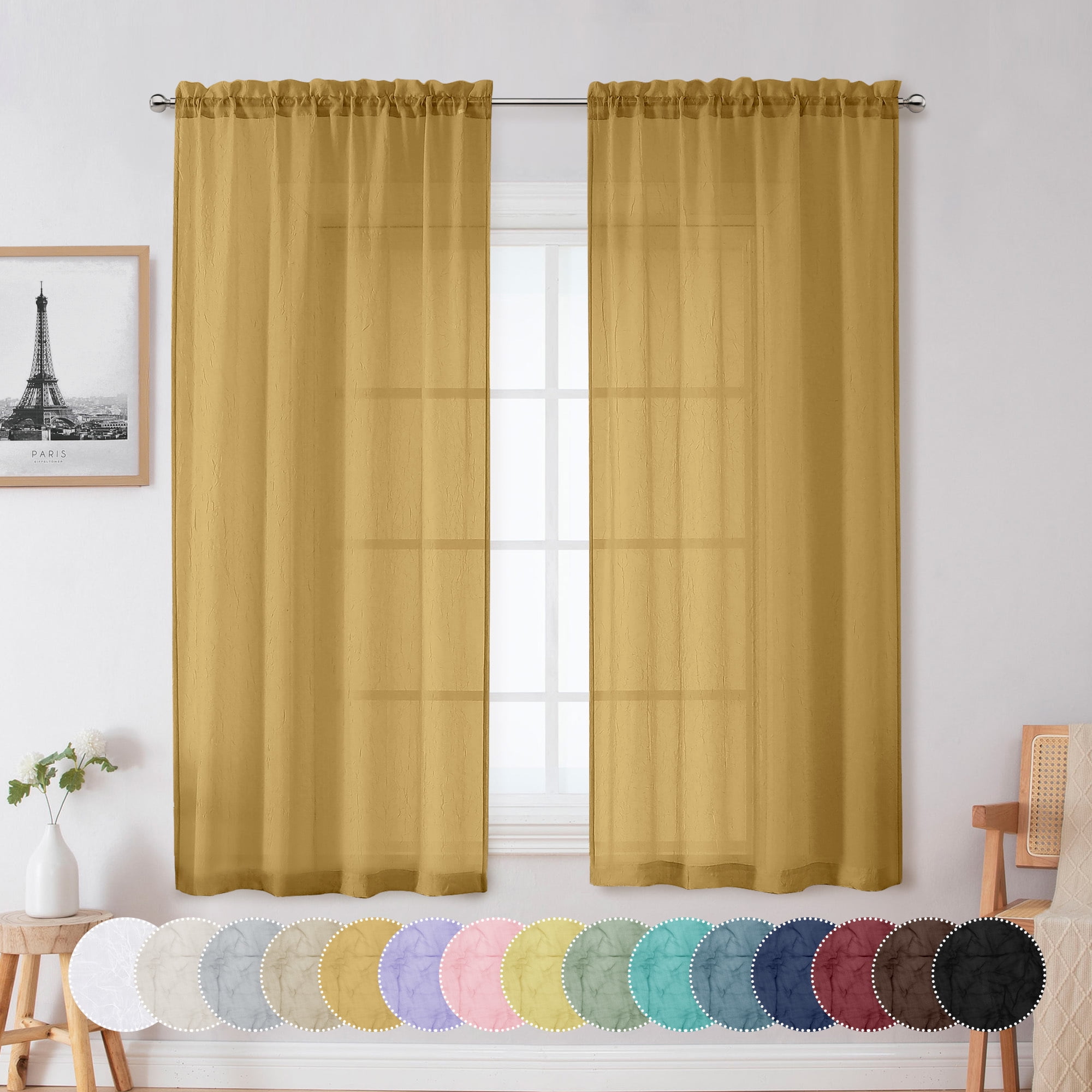 OVZME Troy Crushed Gold Sheer Curtains 63 Inch Length 2 Panels Set, Top ...