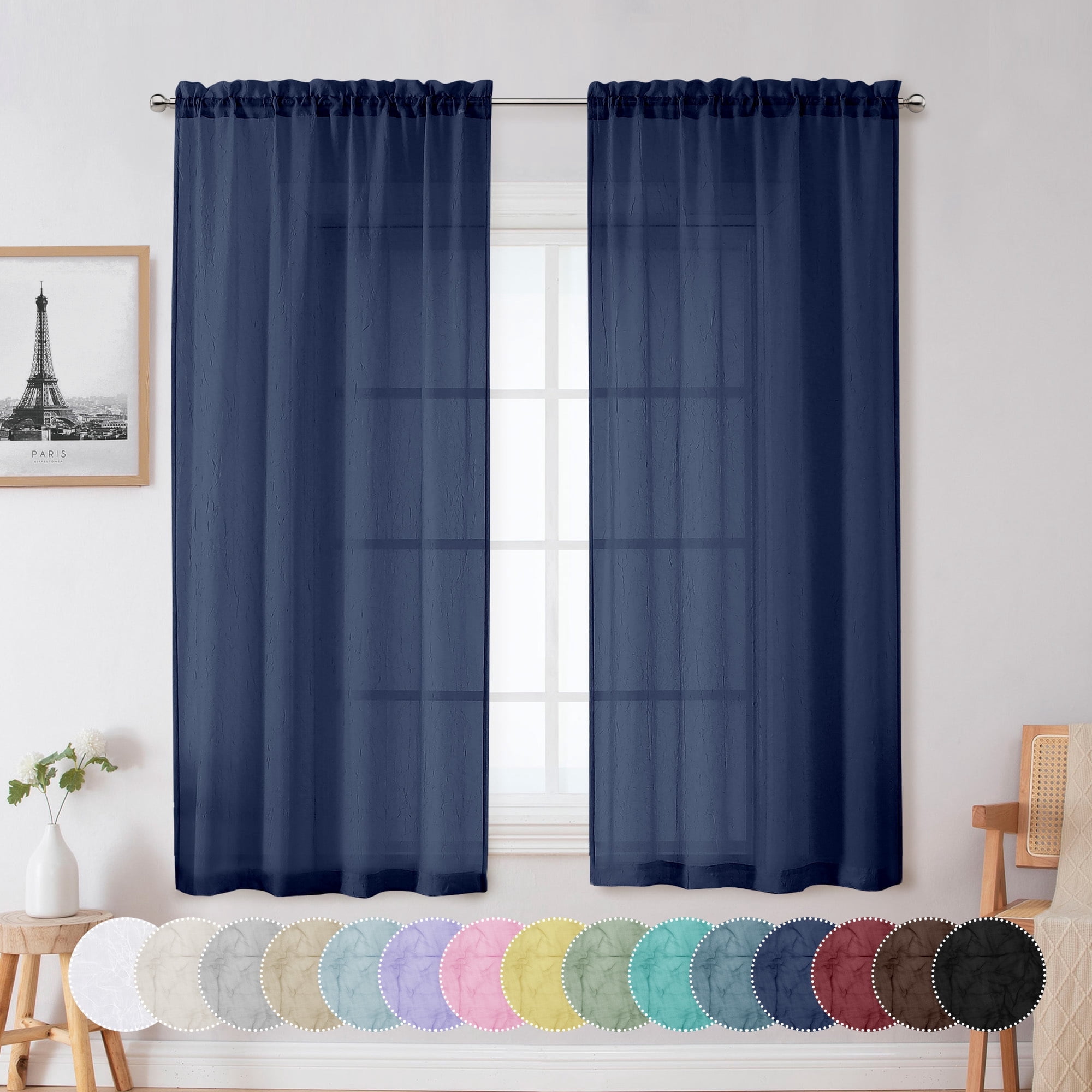 OVZME Troy Crushed Sheer Curtains 63 inch Long 2 Panels, Rod Pocket ...