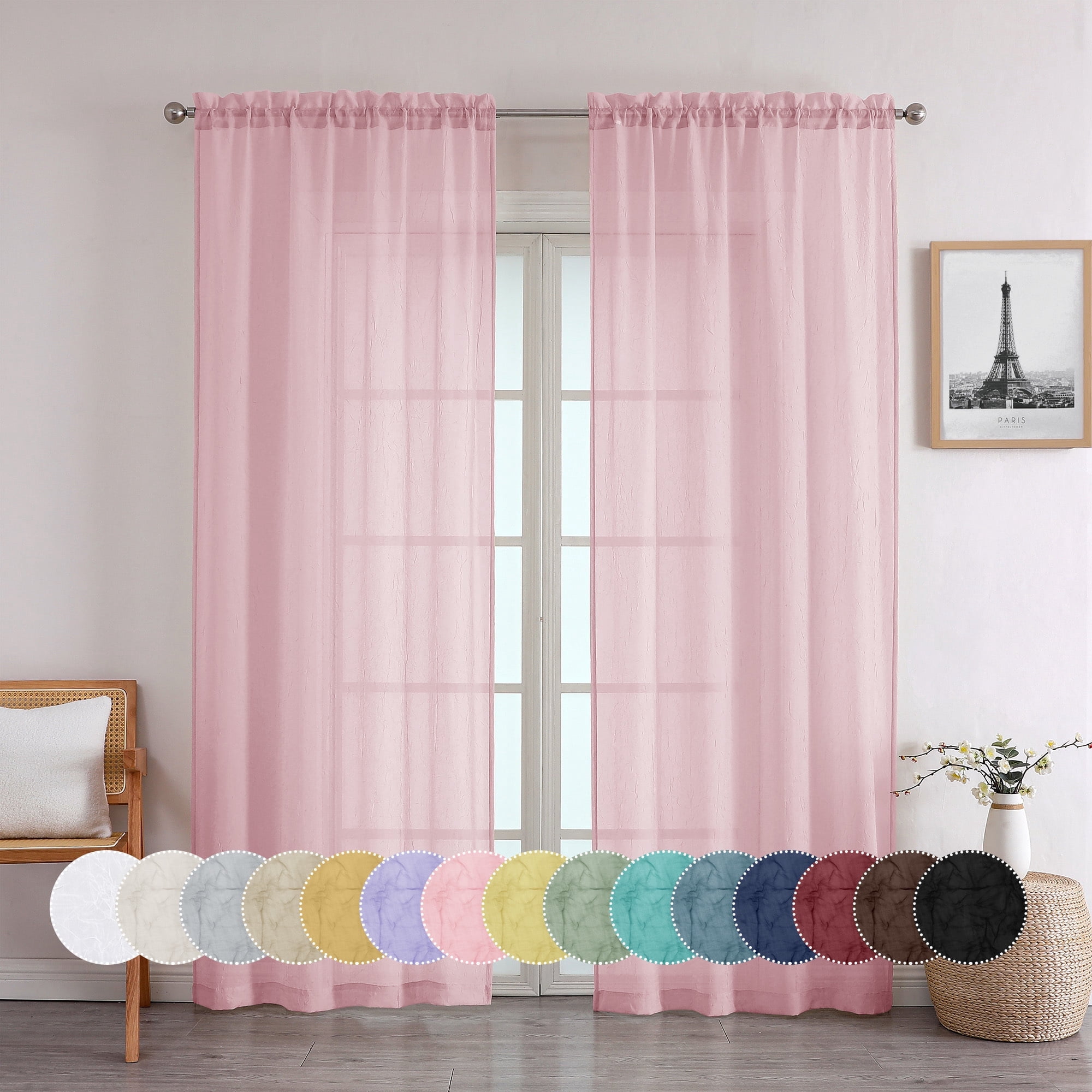 OVZME Blush Pink Crushed Sheer Curtains 42x84 Inch - 2 Panels, Crinkled ...