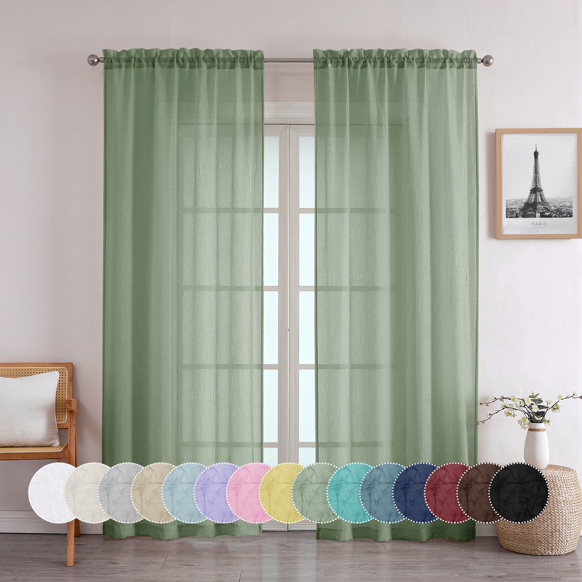 OVZME Troy Sage Green Crushed Sheer Curtains 84 inch Long 2 Panels,Light Filtering Balance ...