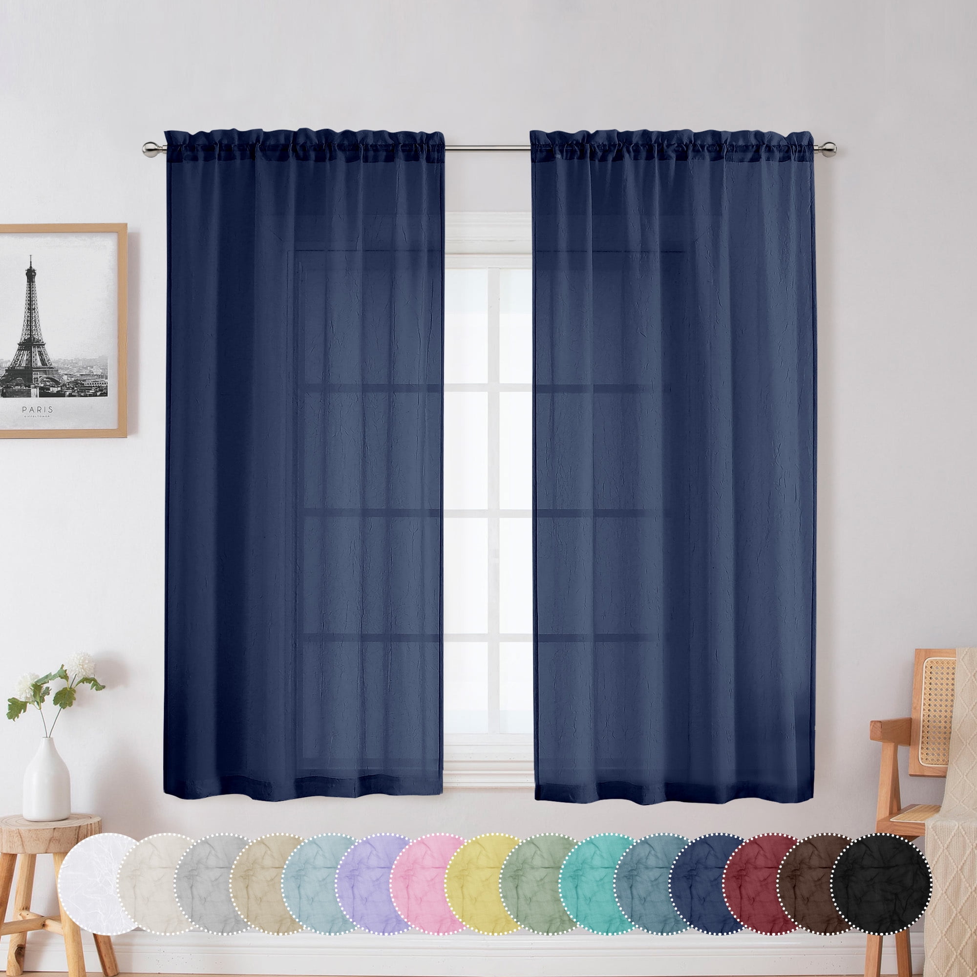 OVZME Troy Sheer Curtains 54 inch Long 2 Panels Set, Crushed Solid ...