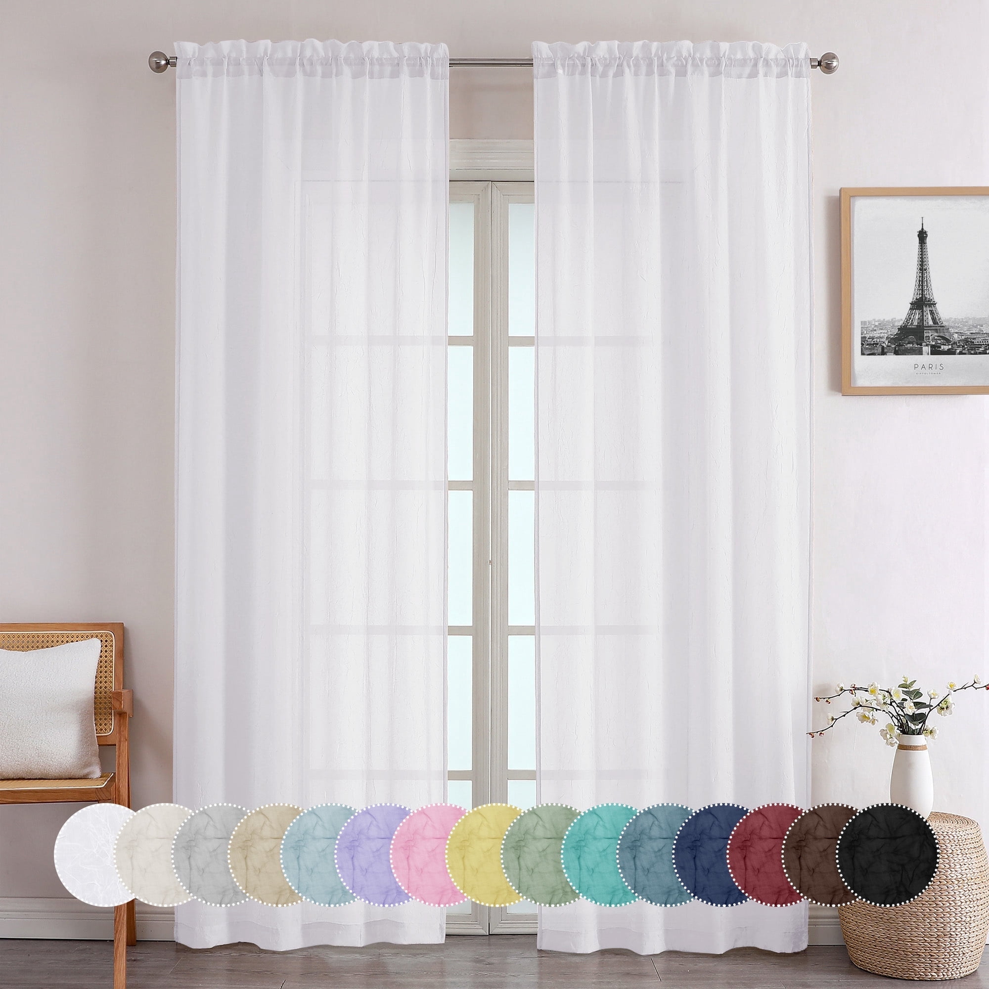OVZME Troy White Crushed Sheer Curtains 96 inches Long, Soft Light ...