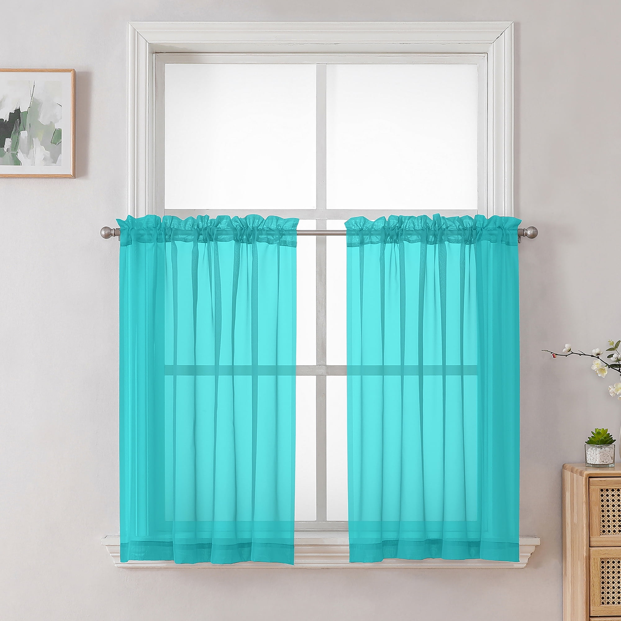 OVZME Turquoise Sheer Curtains Tiers 36 inches Long, Short Kitchen ...
