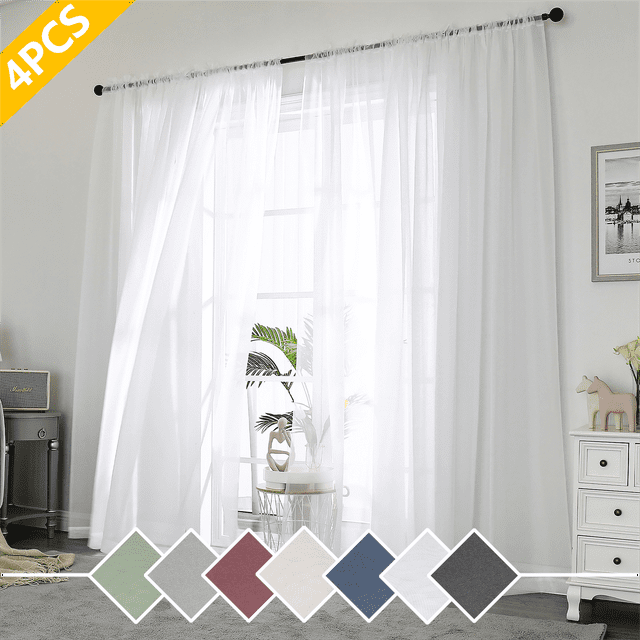 OVZME White Sheer Curtains 84 Inch Length 4 Panels, Semi Transparent Voile Rod Pocket Sheer ...