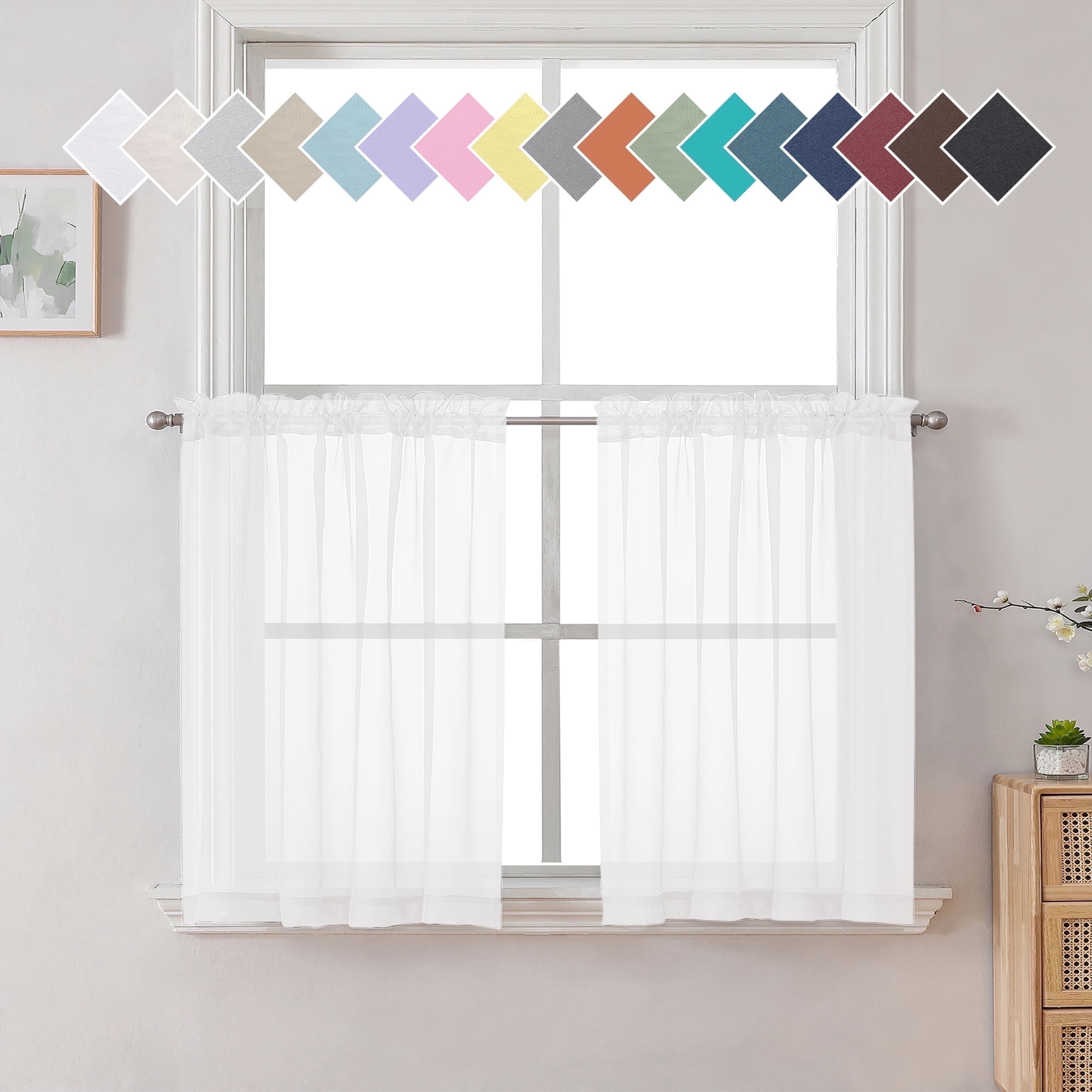 "OVZME White Sheer Kitchen Curtain Tiers, Light Filtering Voile Cafe ...