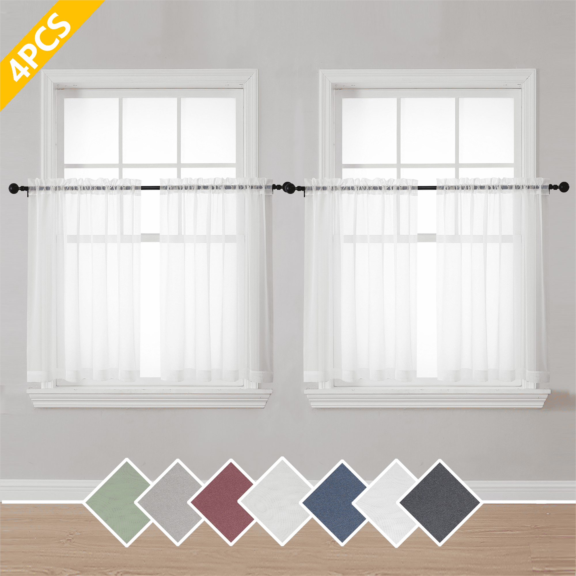OVZME White Window Sheer Curtain Tiers 36in Length Set of 4, Short ...