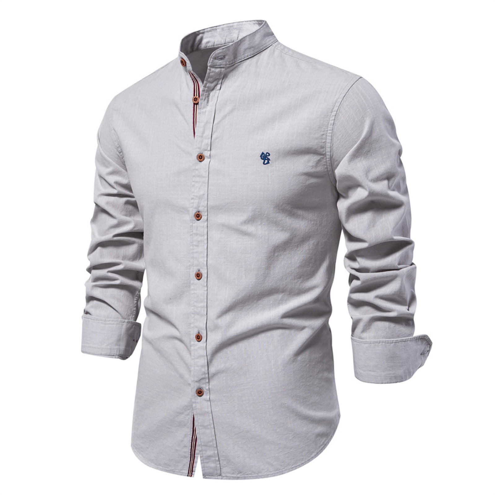 OWMEOT Mens Cotton Button Down Shirts Solid Banded Collar Henley Casual ...