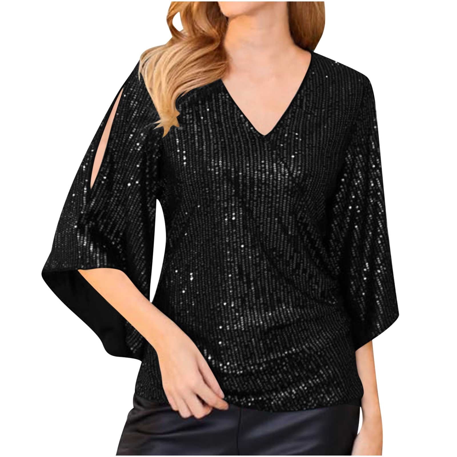 OWMEOT Sequin Tops for Women 3/4 Slit Bell Sleeve V-Neck Blouses ...