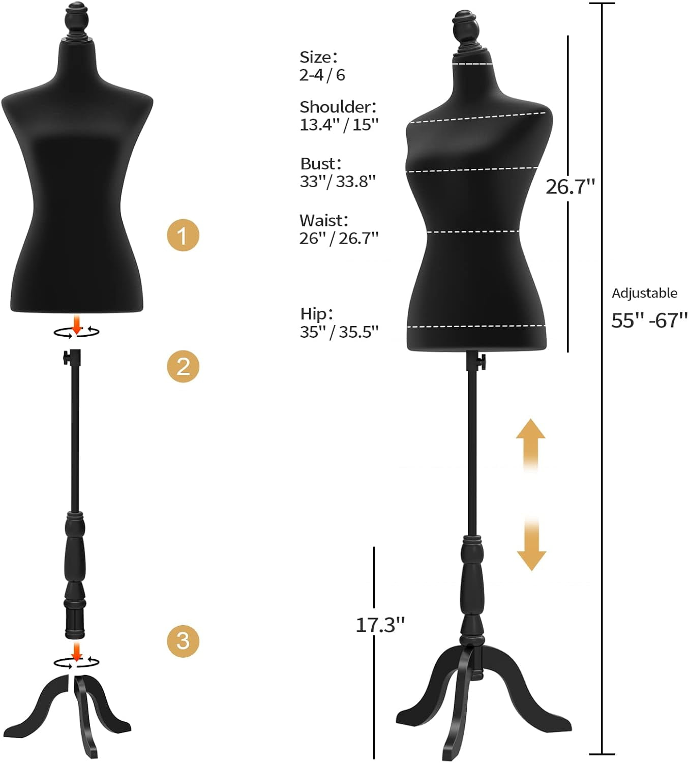 CALEMI Female Dress Form Pinnable Mannequin Body Torso with Wooden ...