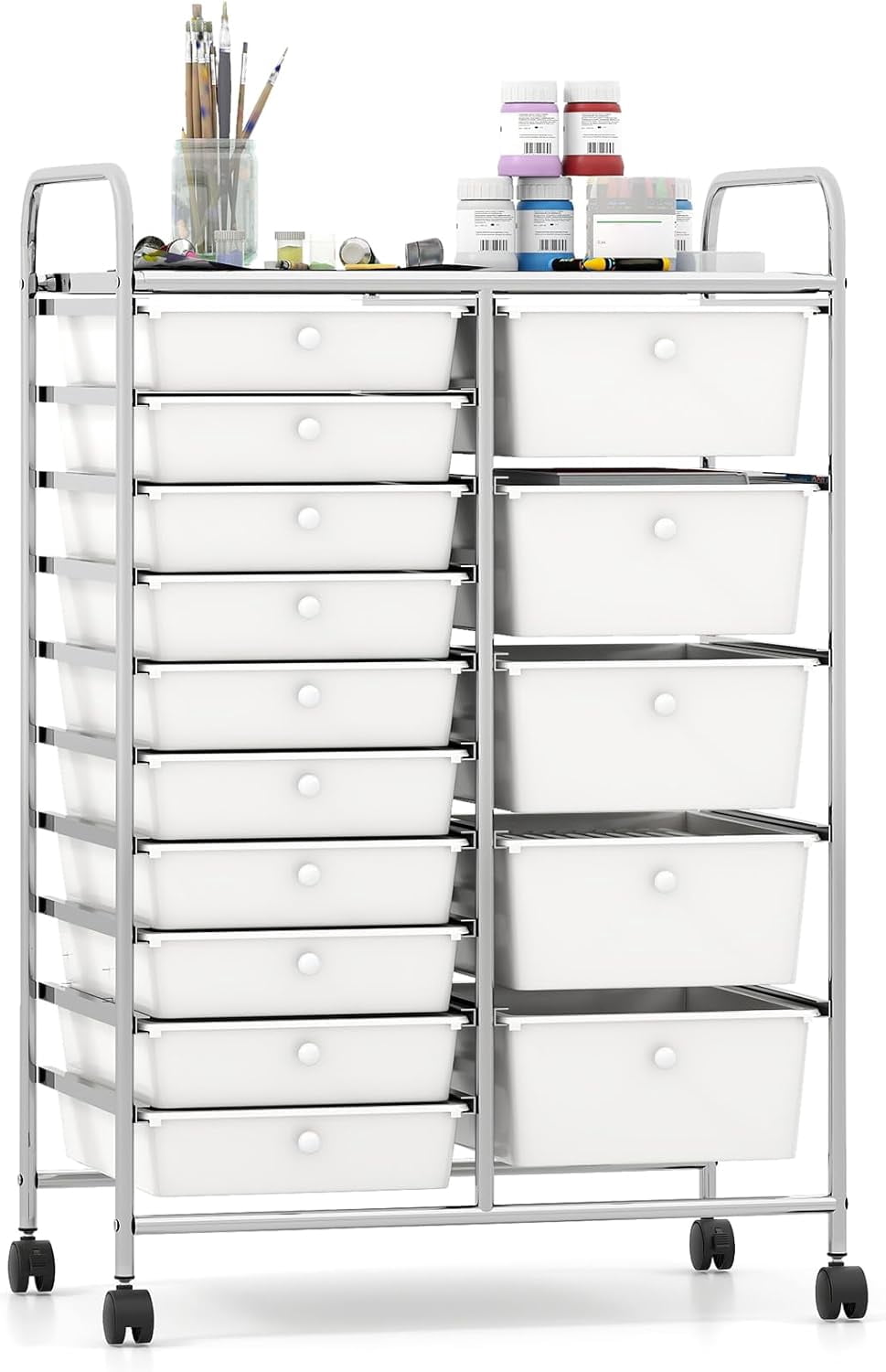 OWNEN Rolling Storage Cart w/Wheels, Handle, Removable Drawers, Mobile ...