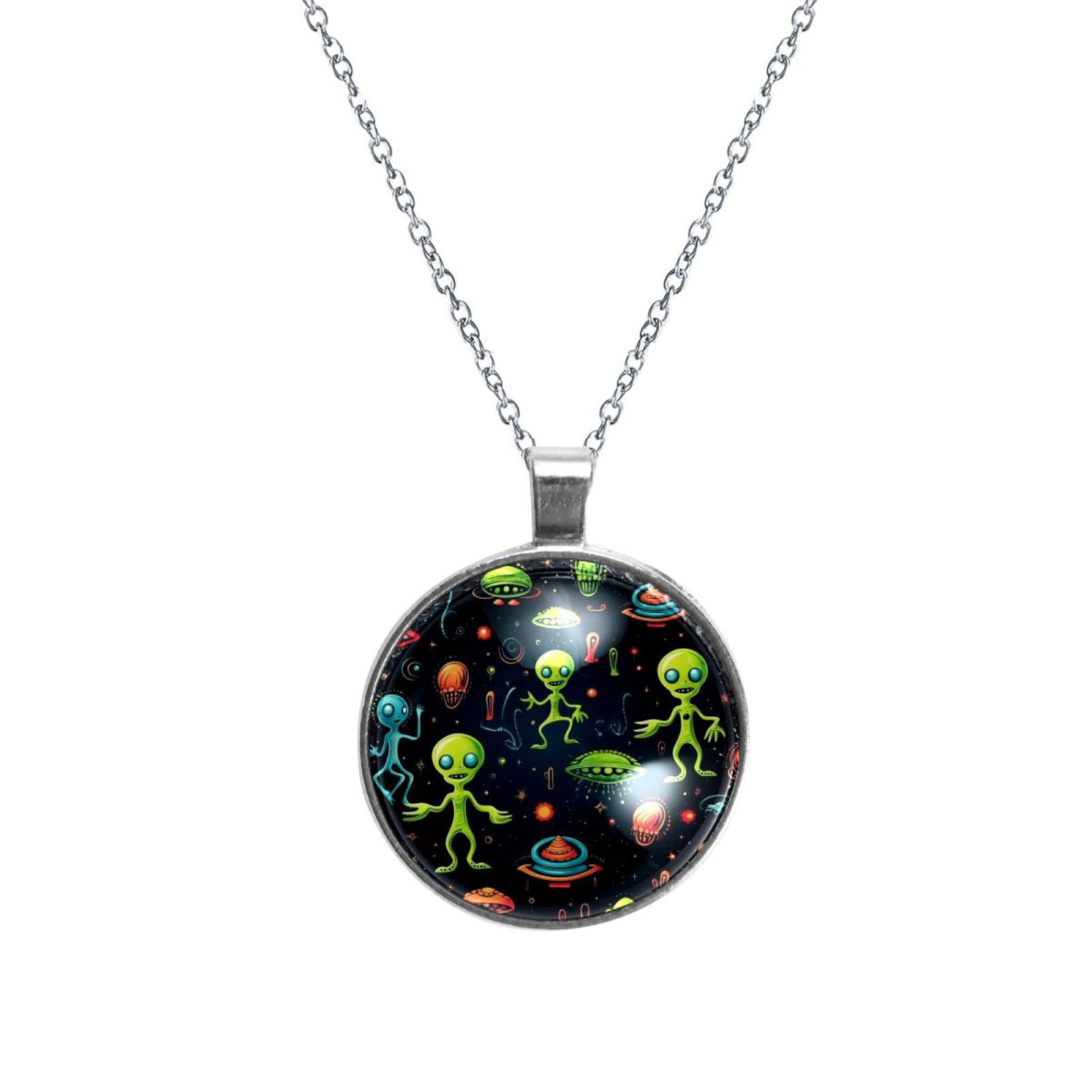 OWNMEMORY Alien Pattern Stunning Glass Circular Pendant Necklace ...