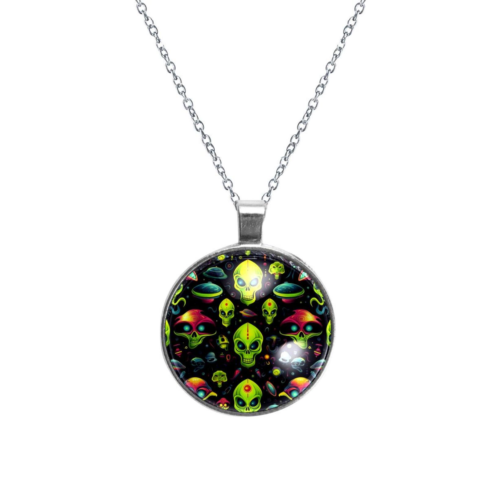 OWNMEMORY Alien Pattern Stunning Glass Circular Pendant Necklace ...