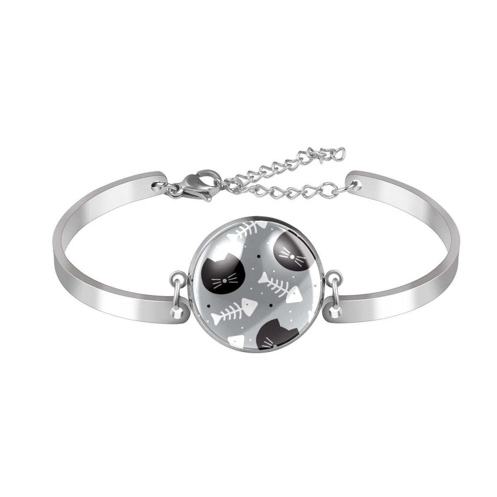 OWNMEMORY Black Cat & White Fish Bone-01 Pattern Adjustable Stainless ...