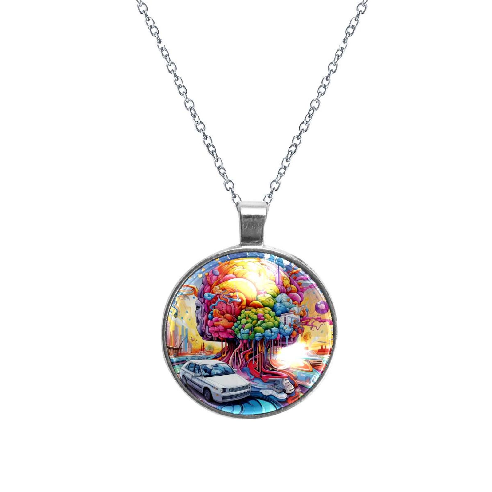 OWNMEMORY Brain and Car Pattern Stunning Glass Circular Pendant ...