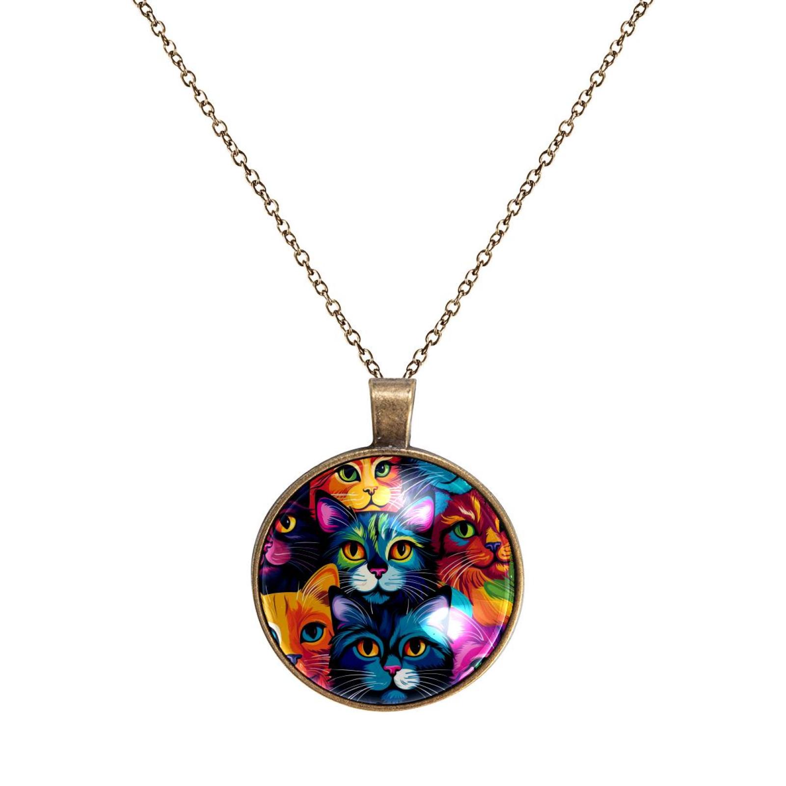 OWNMEMORY Cat Pattern Gorgeous Glass Circular Pendant Necklace for ...