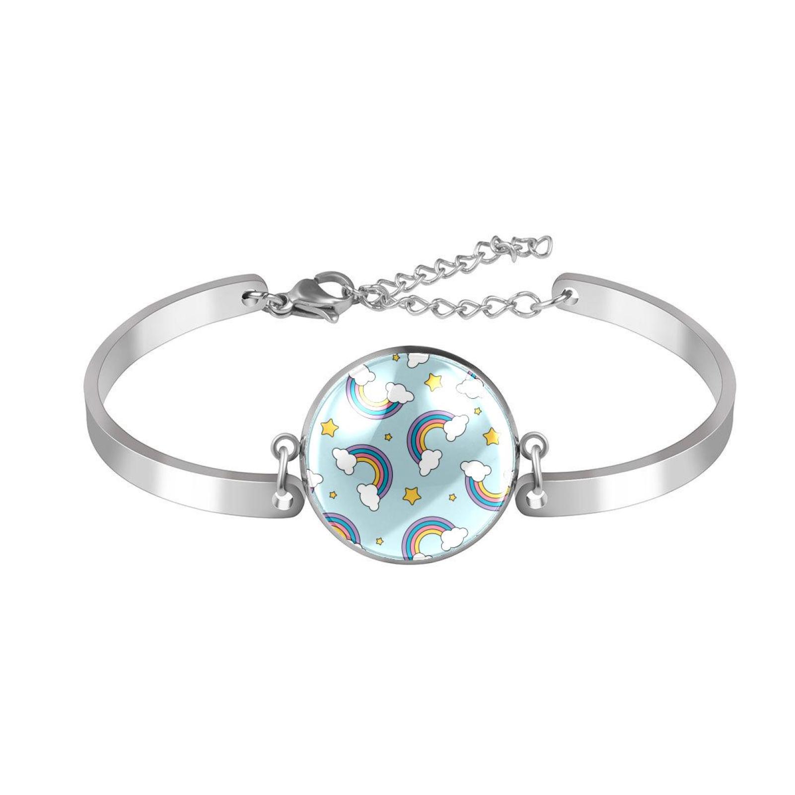 OWNMEMORY Colorful Rainbow White Cloud Yellow Star Pattern Adjustable Stainless Steel Bracelets ...
