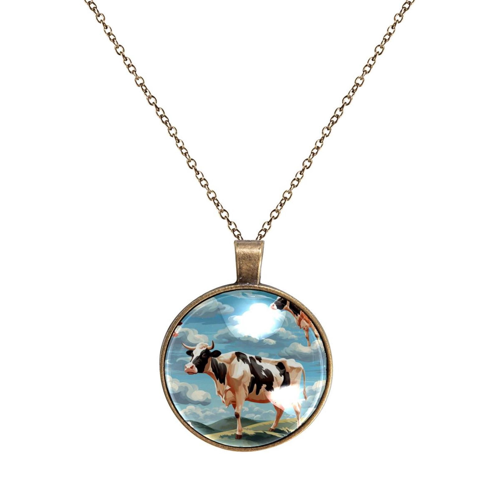 OWNMEMORY Cow Pattern Animal Pattern Gorgeous Glass Circular Pendant ...