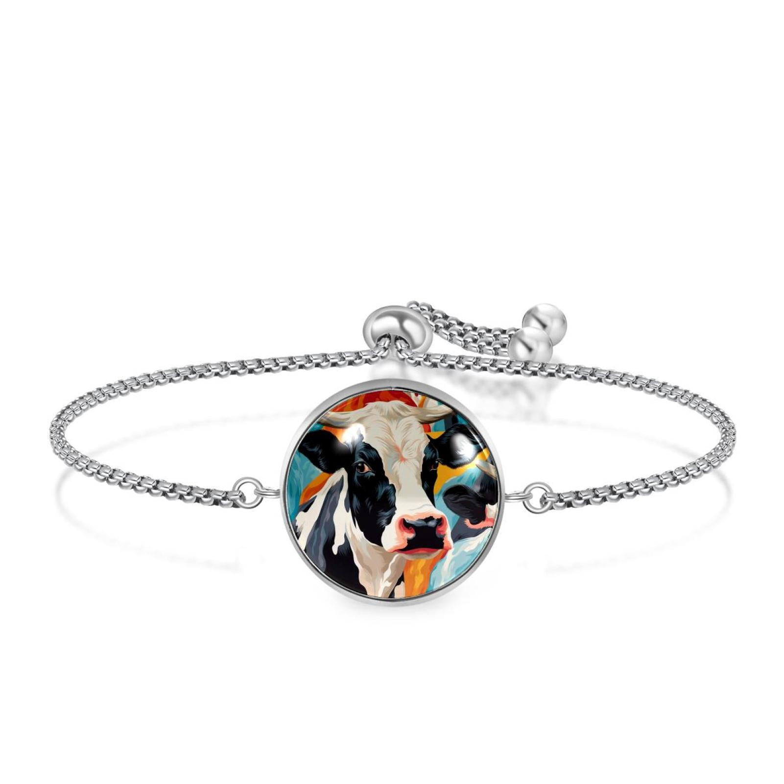 OWNMEMORY Cow Pattern Premium Stainless Steel Adjustable Bracelet with ...