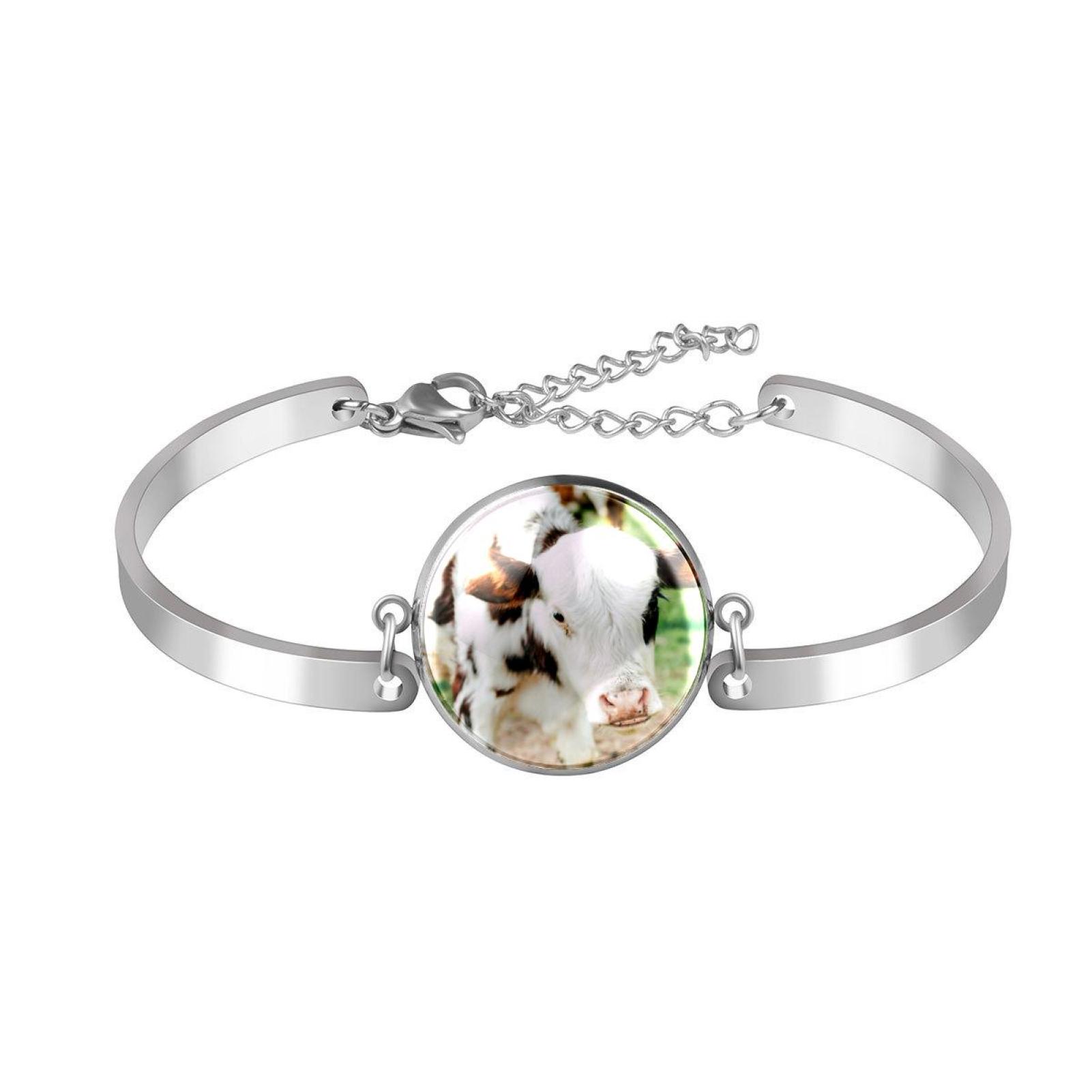 OWNMEMORY Cow in the Farm Pattern Adjustable Stainless Steel Bracelets ...
