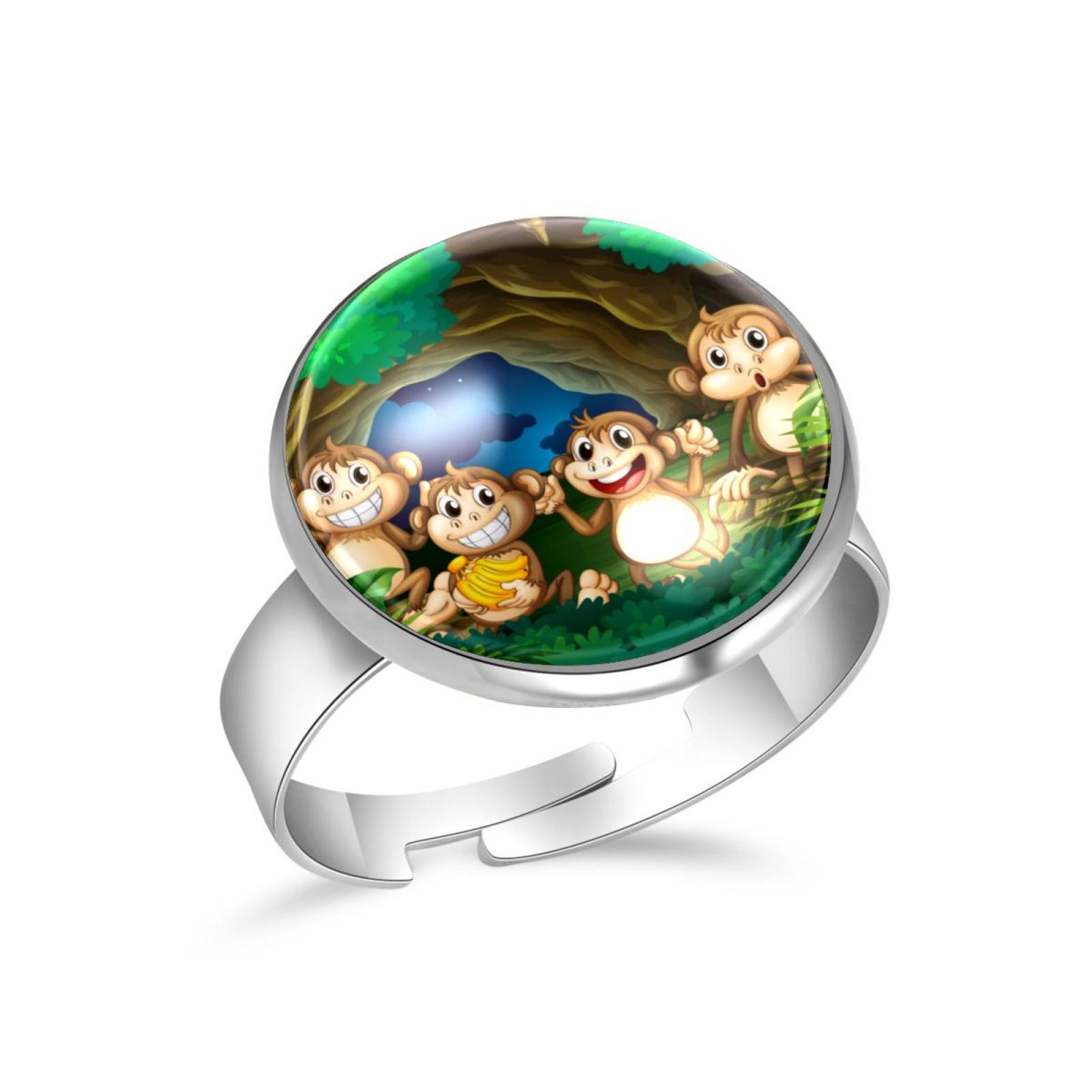 OWNMEMORY Cute Happy Monkeys in Deep Forest Pattern Stainless Steel Adjustable Stacking Ring ...