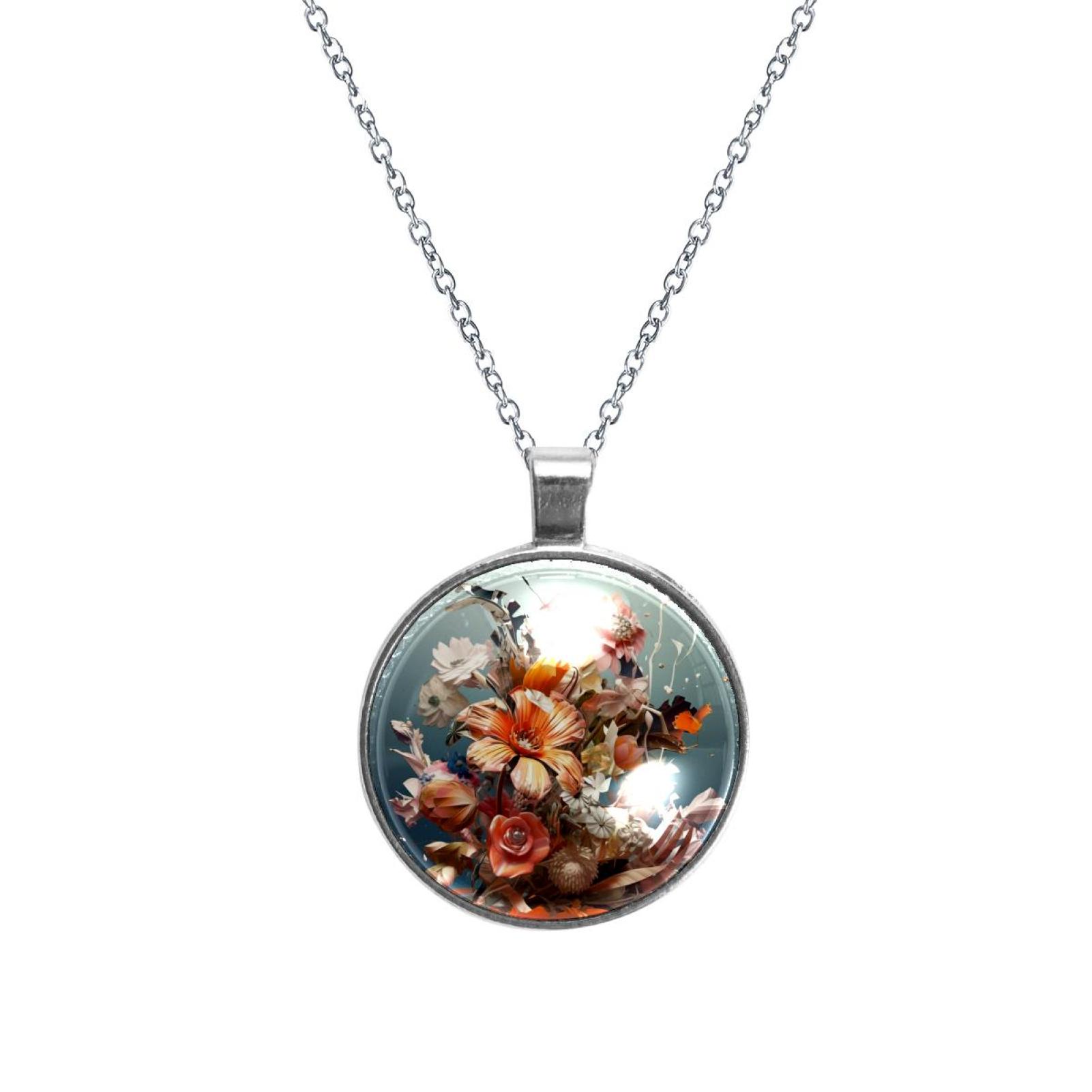 OWNMEMORY Floral Pattern Stunning Glass Circular Pendant Necklace ...
