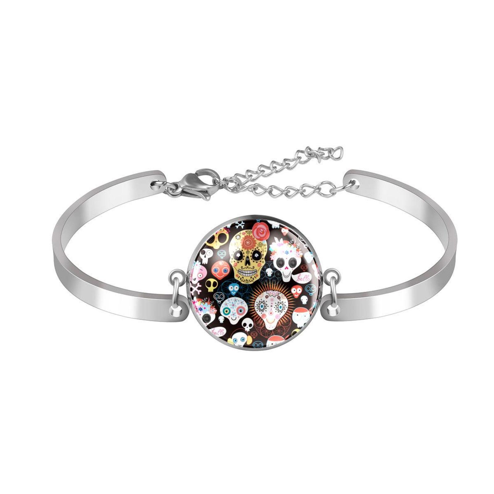 OWNMEMORY Florals Skulls Multi Color Pattern Adjustable Stainless Steel ...