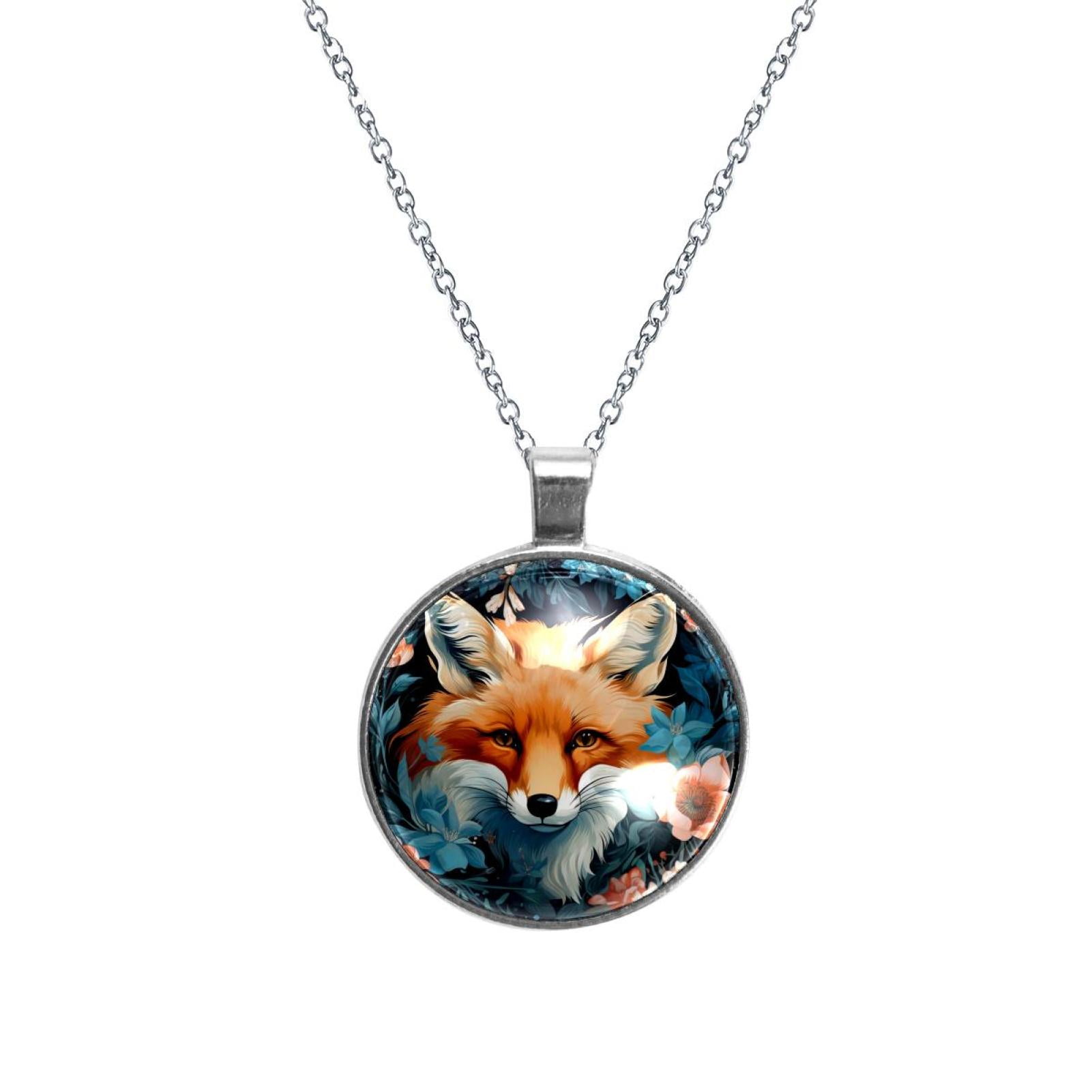 OWNMEMORY Fox Pattern Stunning Glass Circular Pendant Necklace ...