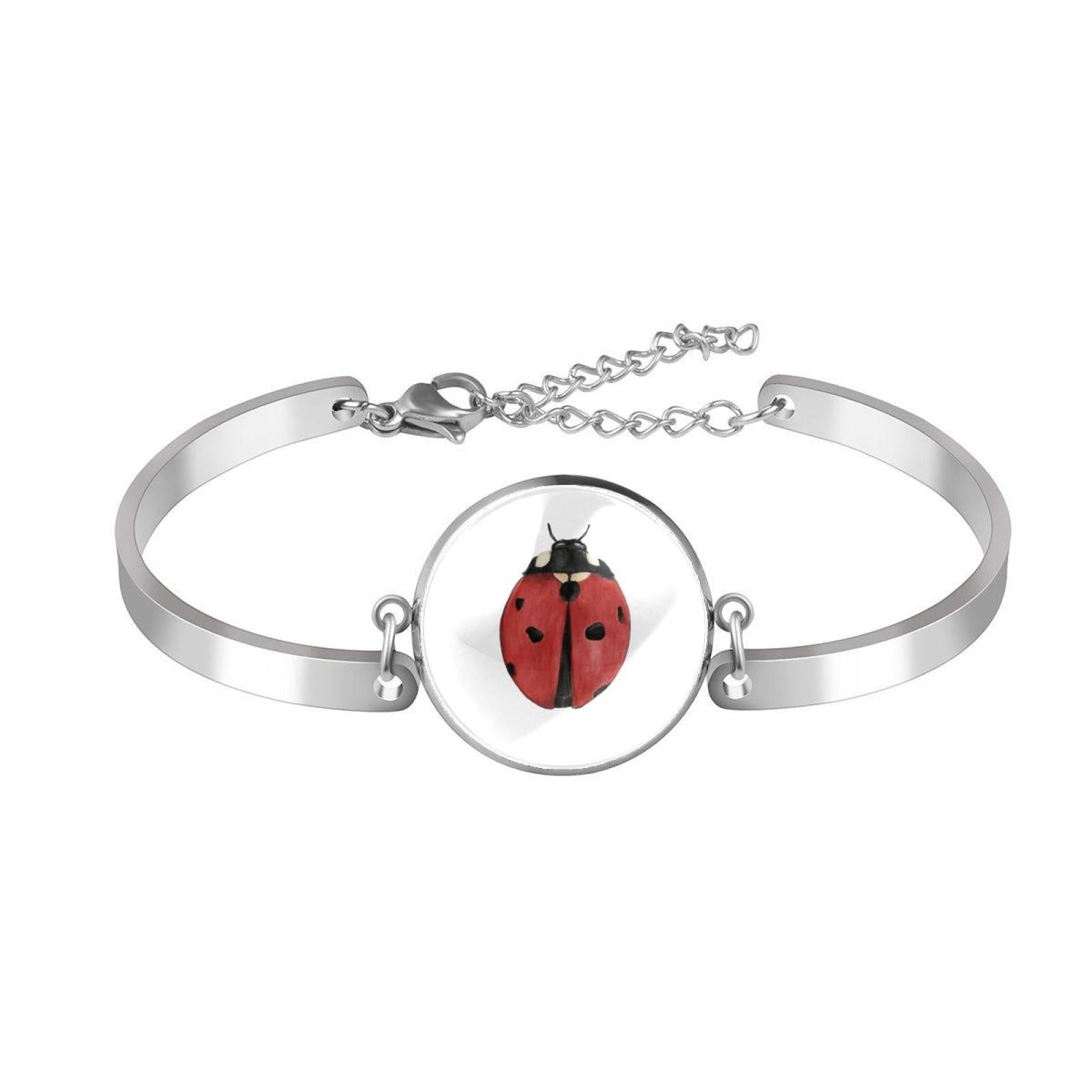 OWNMEMORY Hand Drawn Ladybug-01 Pattern Adjustable Stainless Steel Bracelet with Unique Patterns ...