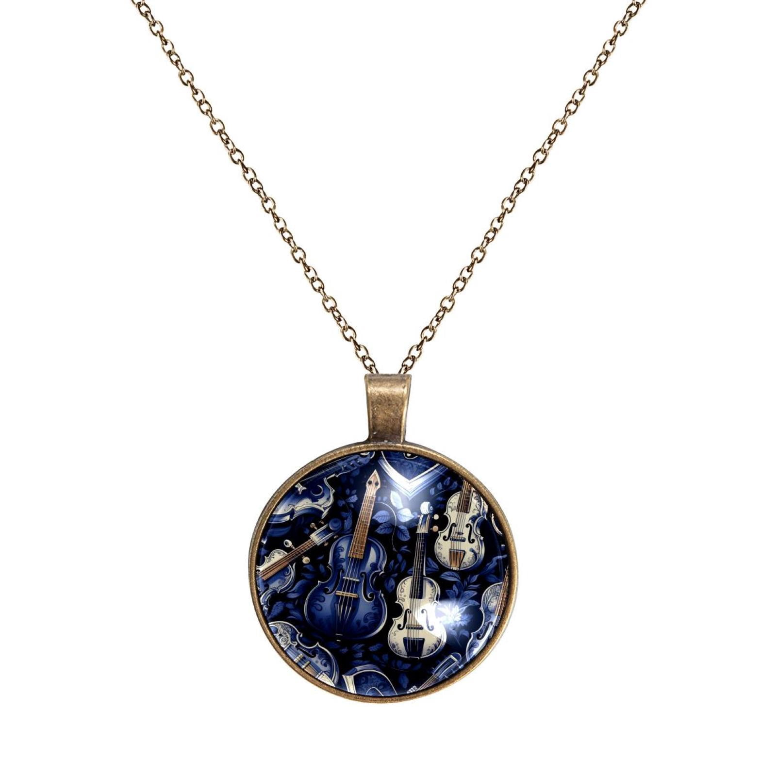 OWNMEMORY Musical Instrument Pattern Gorgeous Glass Circular Pendant ...