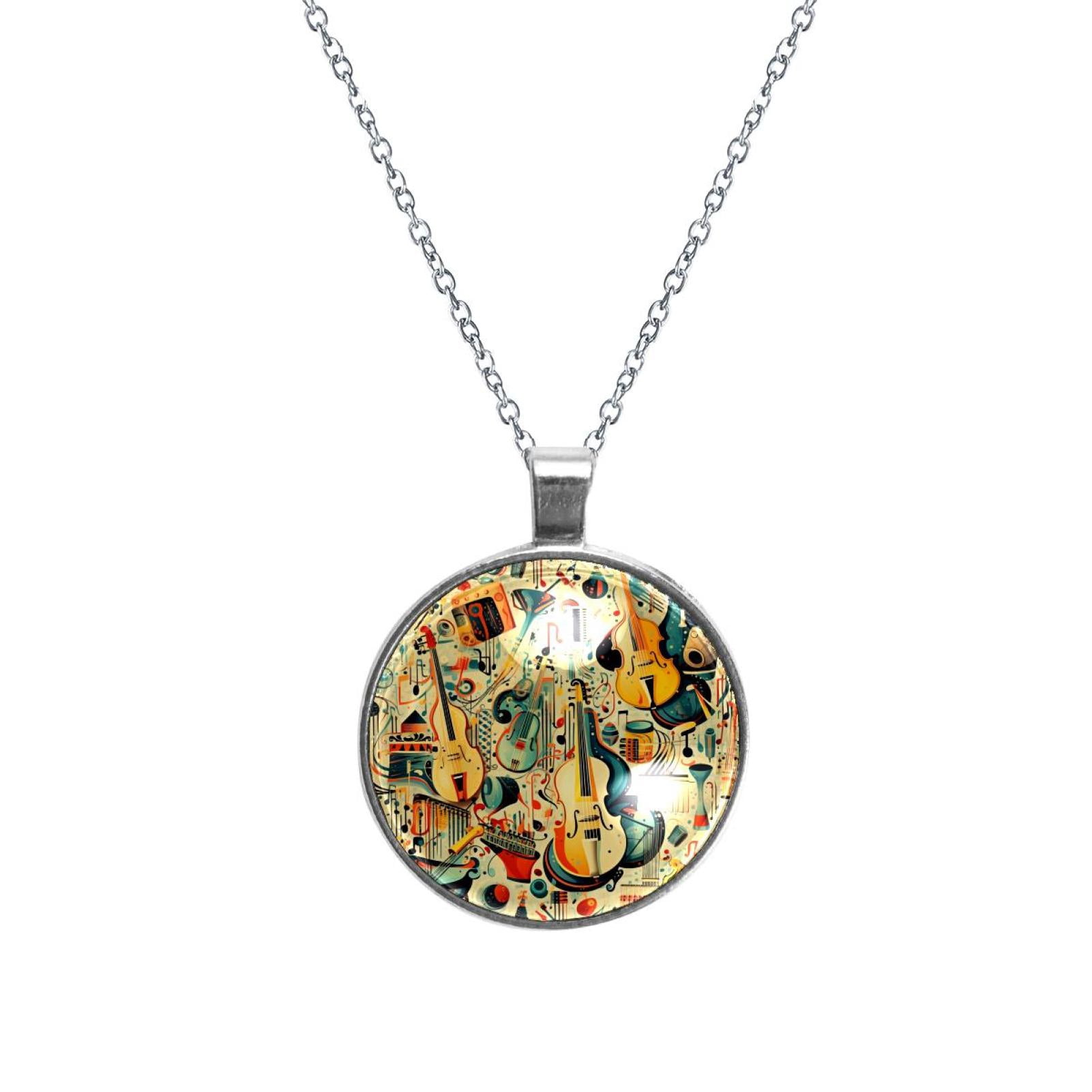 OWNMEMORY Musical Instrument Pattern Stunning Glass Circular Pendant ...